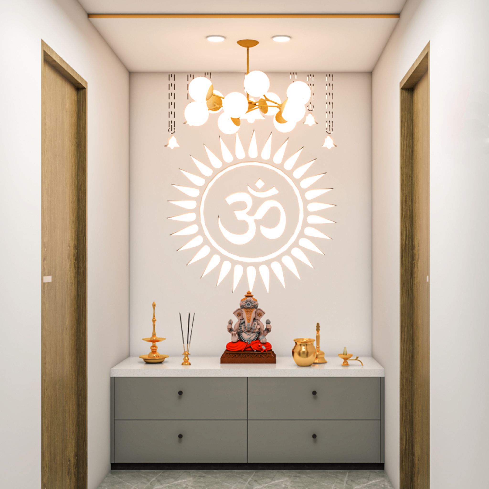 Floor-Mounted Modern Pooja Unit Design with Concealed Storage and ...