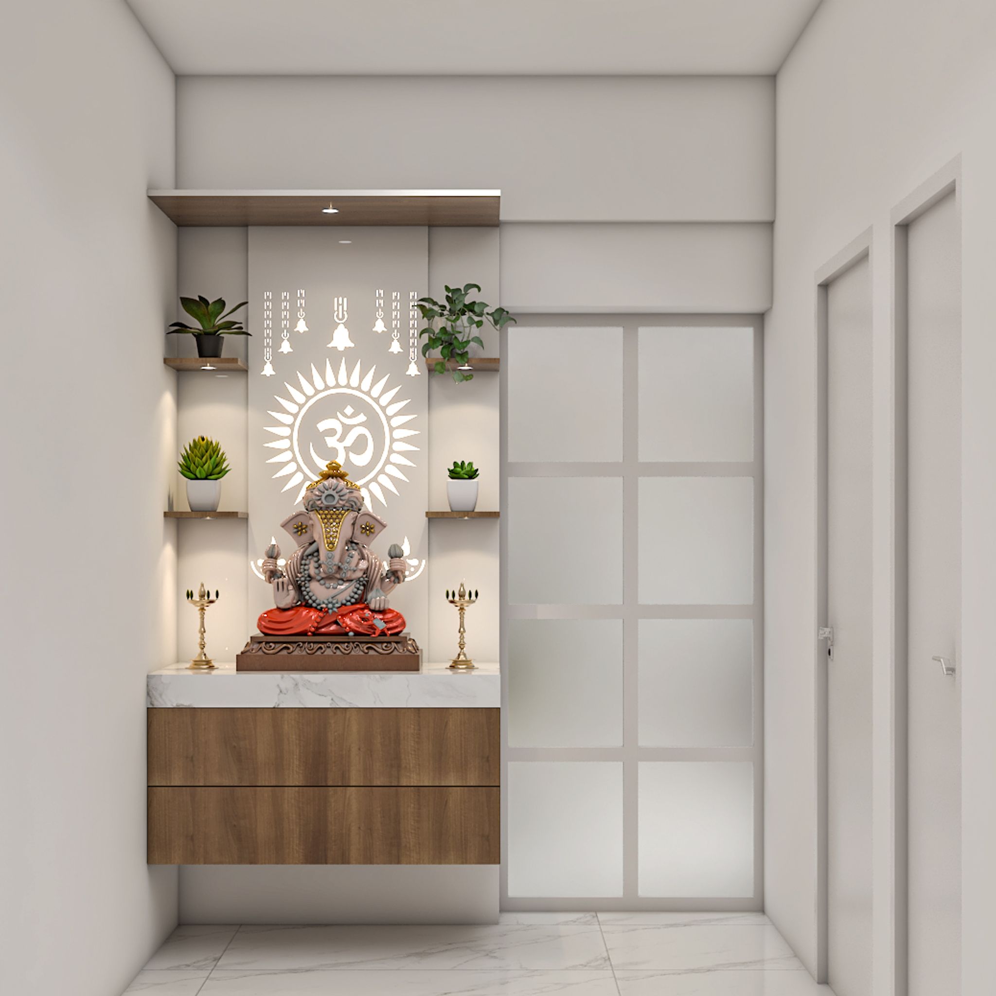 Backlit Modern Wall-Mounted Pooja Unit Design with Marble Countertop ...