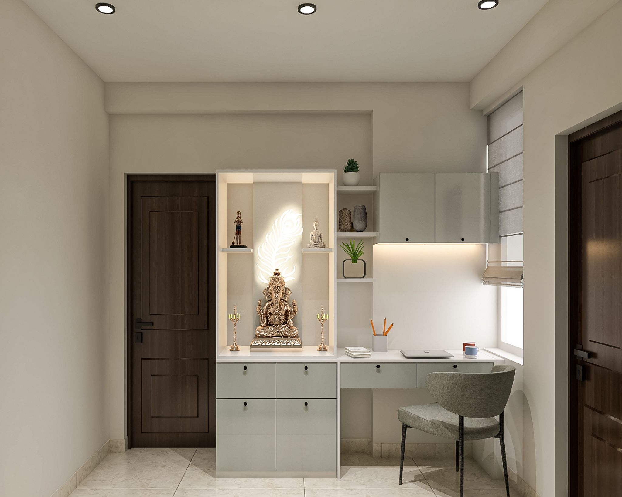 Contemporary Pooja Unit Design with Closed Cabinets and Open Shelves ...
