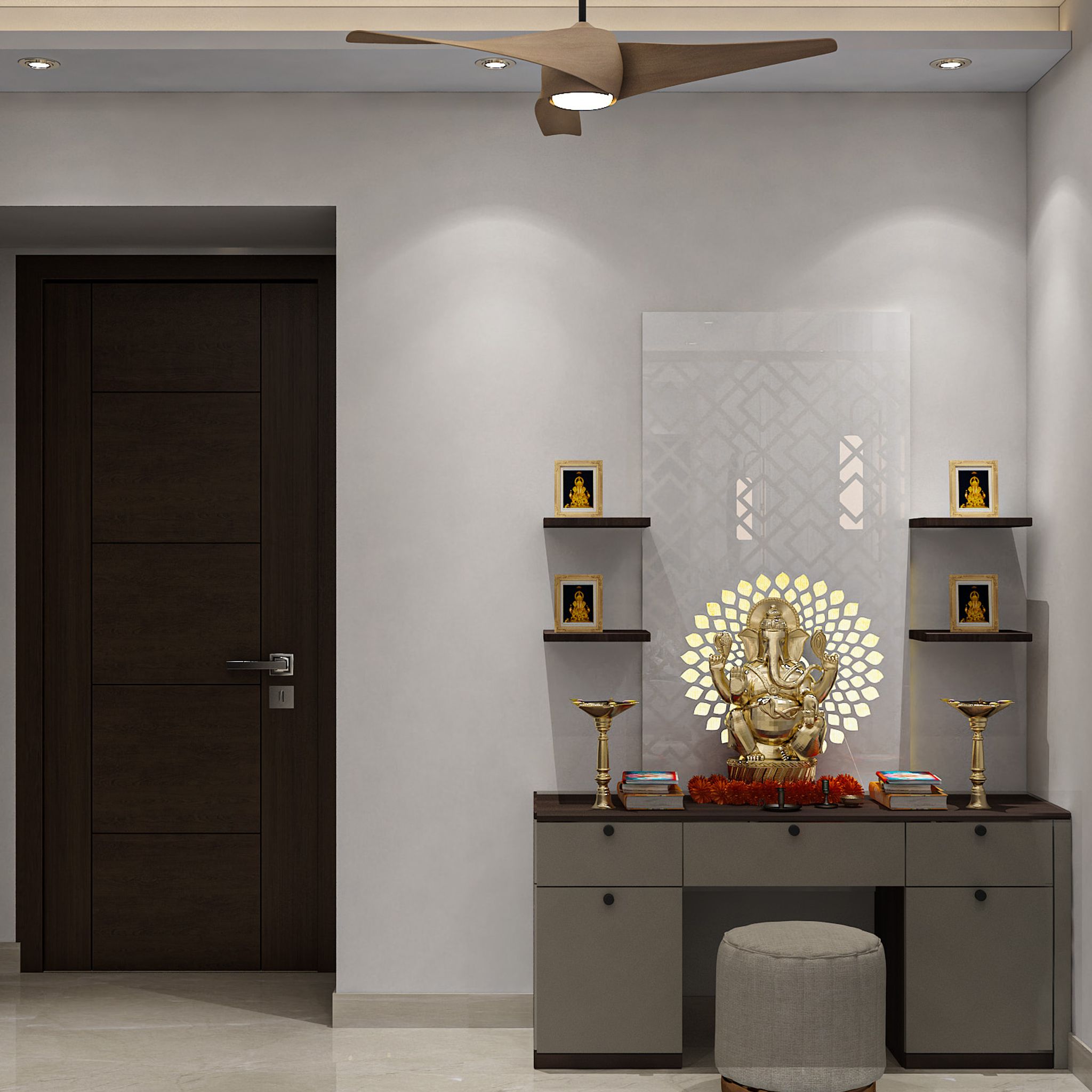 Floor-Mounted Wooden Contemporary Pooja Unit Design with Lighting and ...