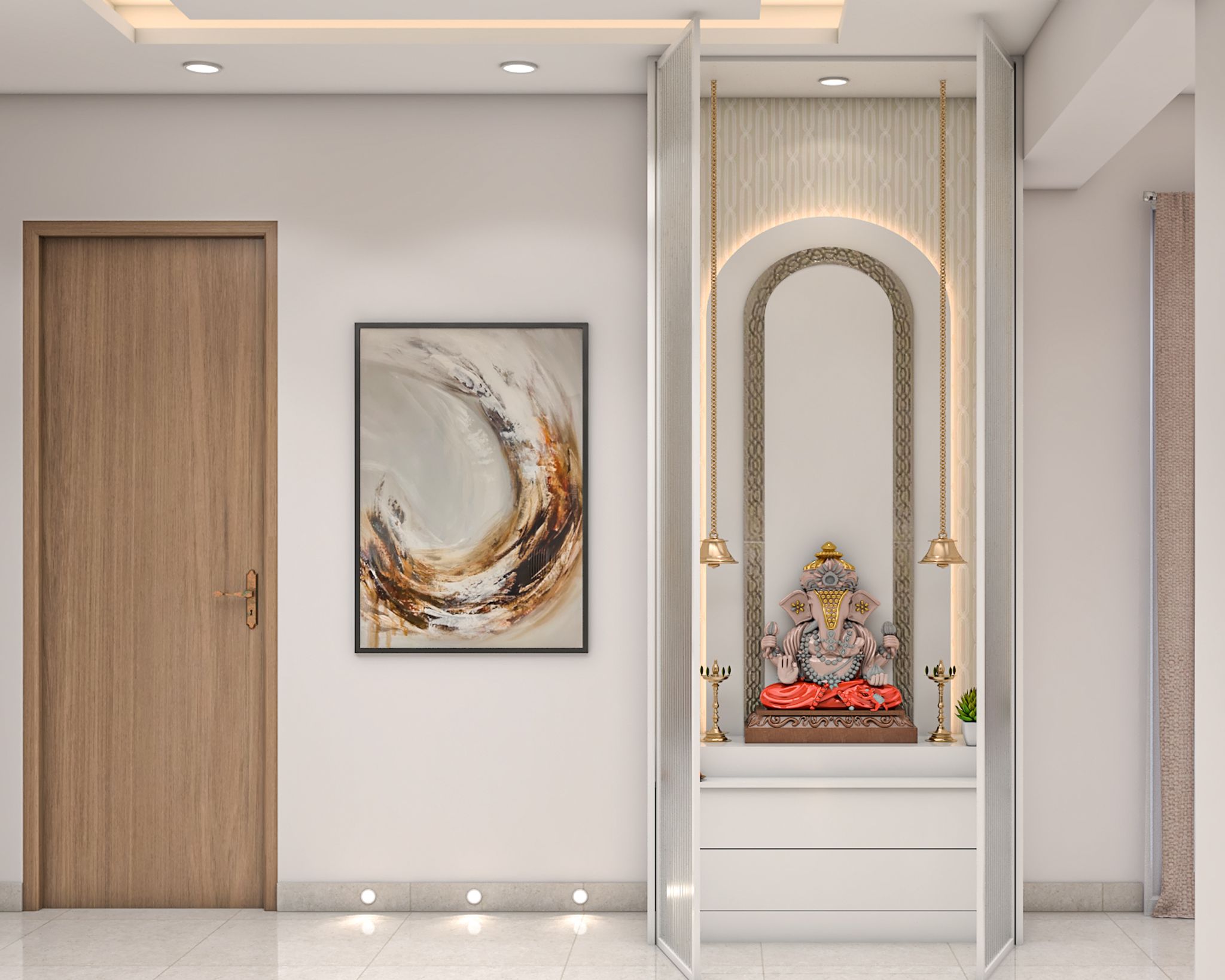 Tall Modern Pooja Unit Design with Arch Design and Storage Drawers ...