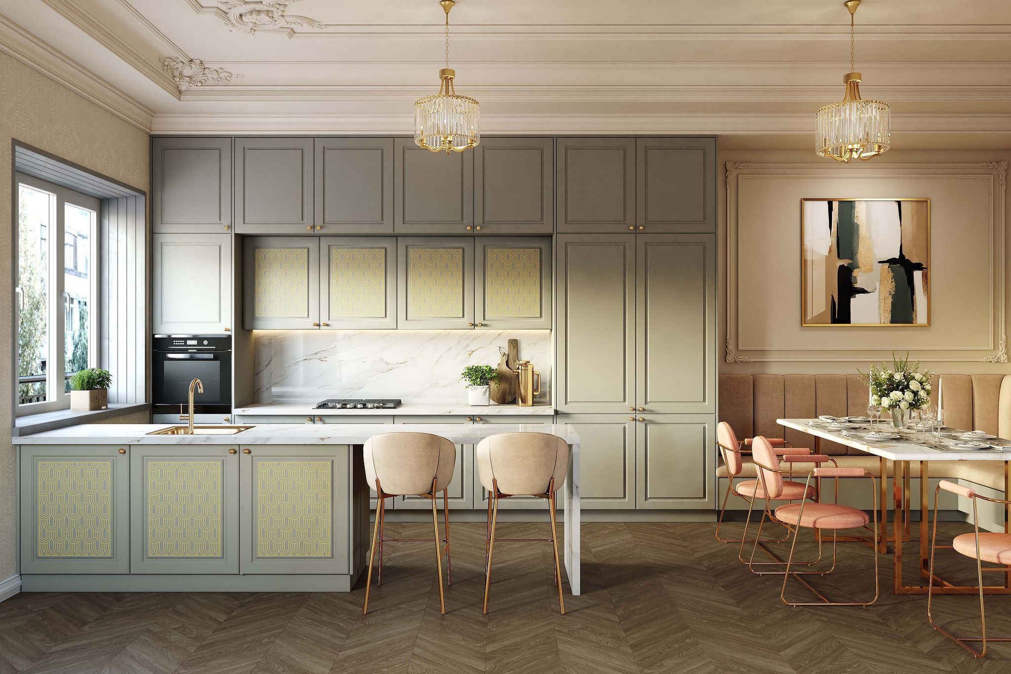Space-Saving Kitchen-Dining Layout with Integrated Storage and Built-In ...