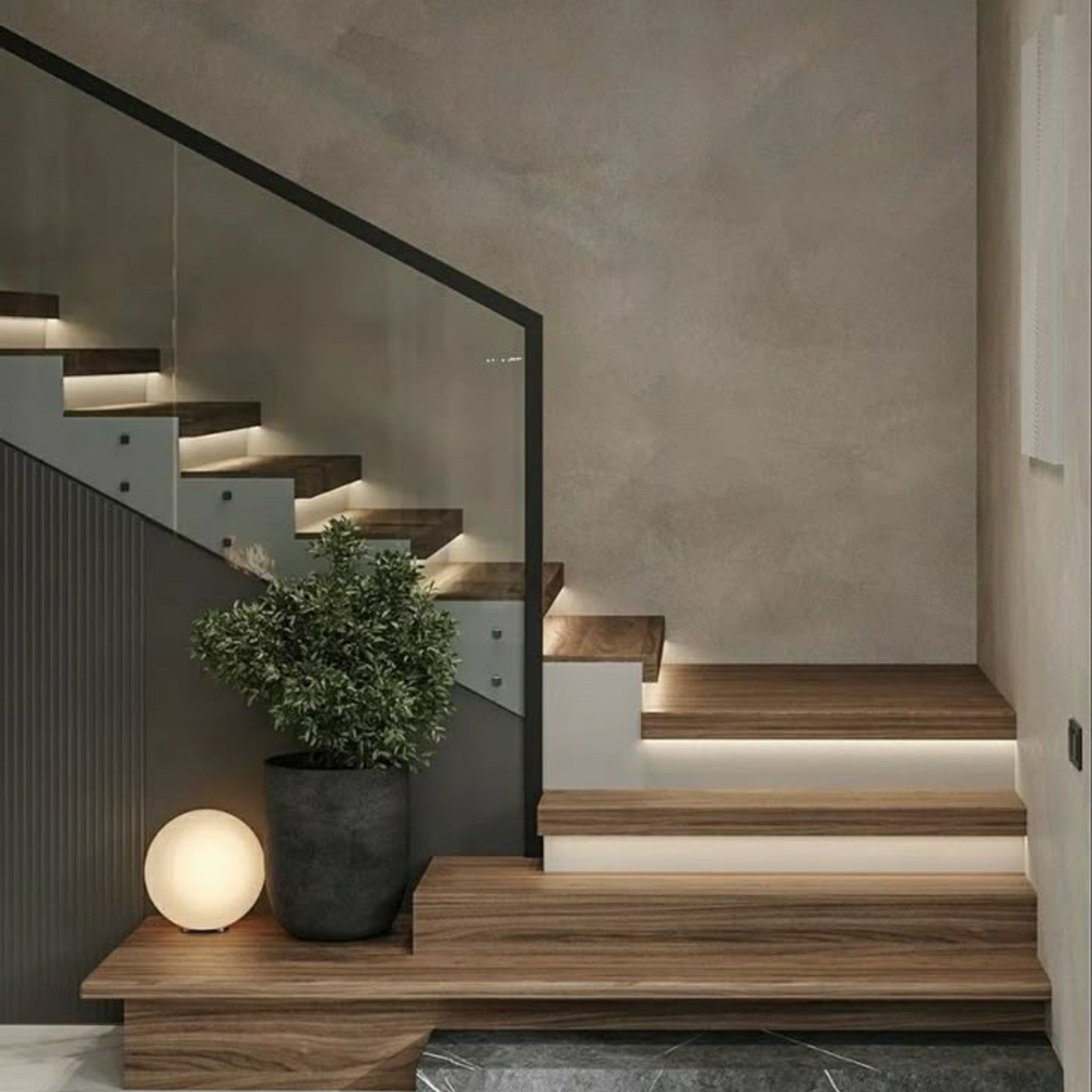 L-Shaped Modern Staircase Design Featuring Glass Railings, Wood Steps ...