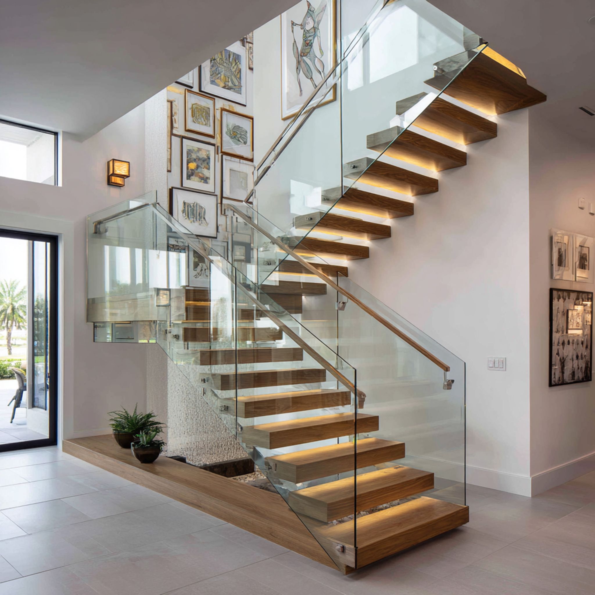 Modern U-Shaped Staircase Design with Glass Railings and LED Lighting | Livspace