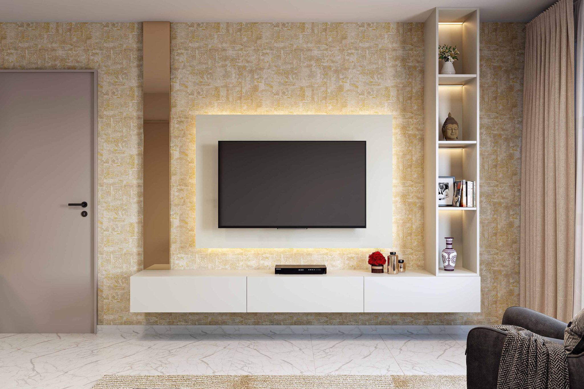 White Modern TV Unit Design with Backlit Panel and Wall-Mounted Drawers ...
