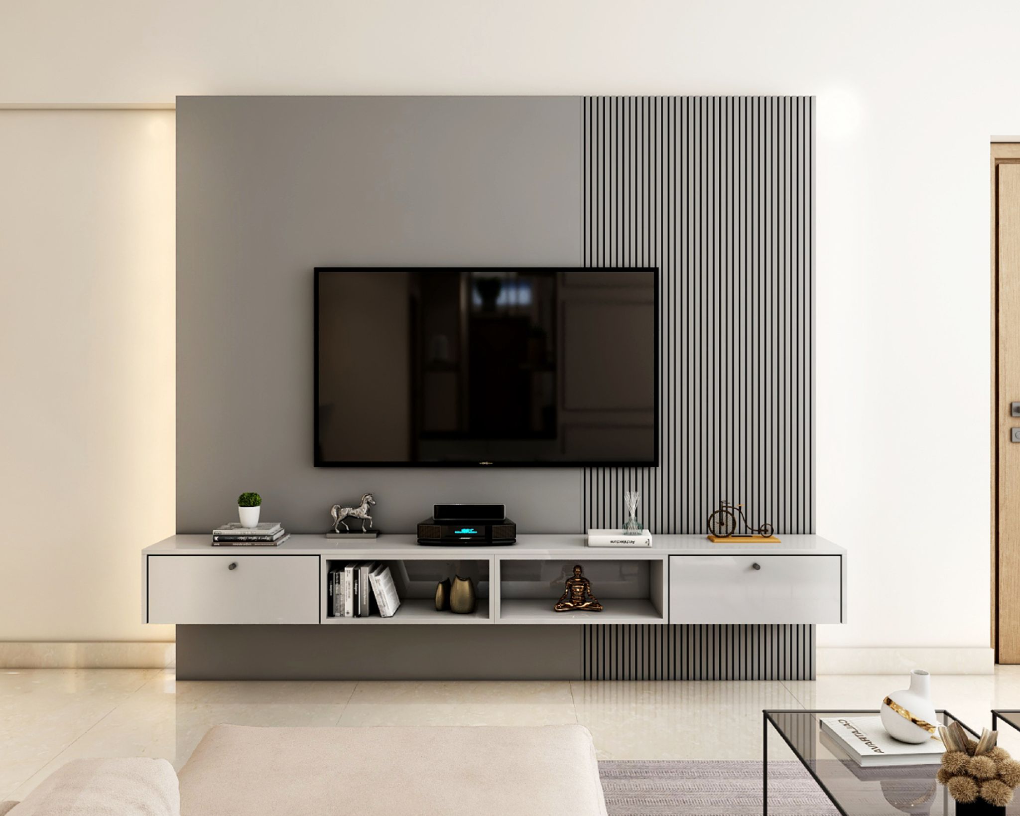 Grey Wall Mounted Industrial TV Unit Design in Grey with Open and ...