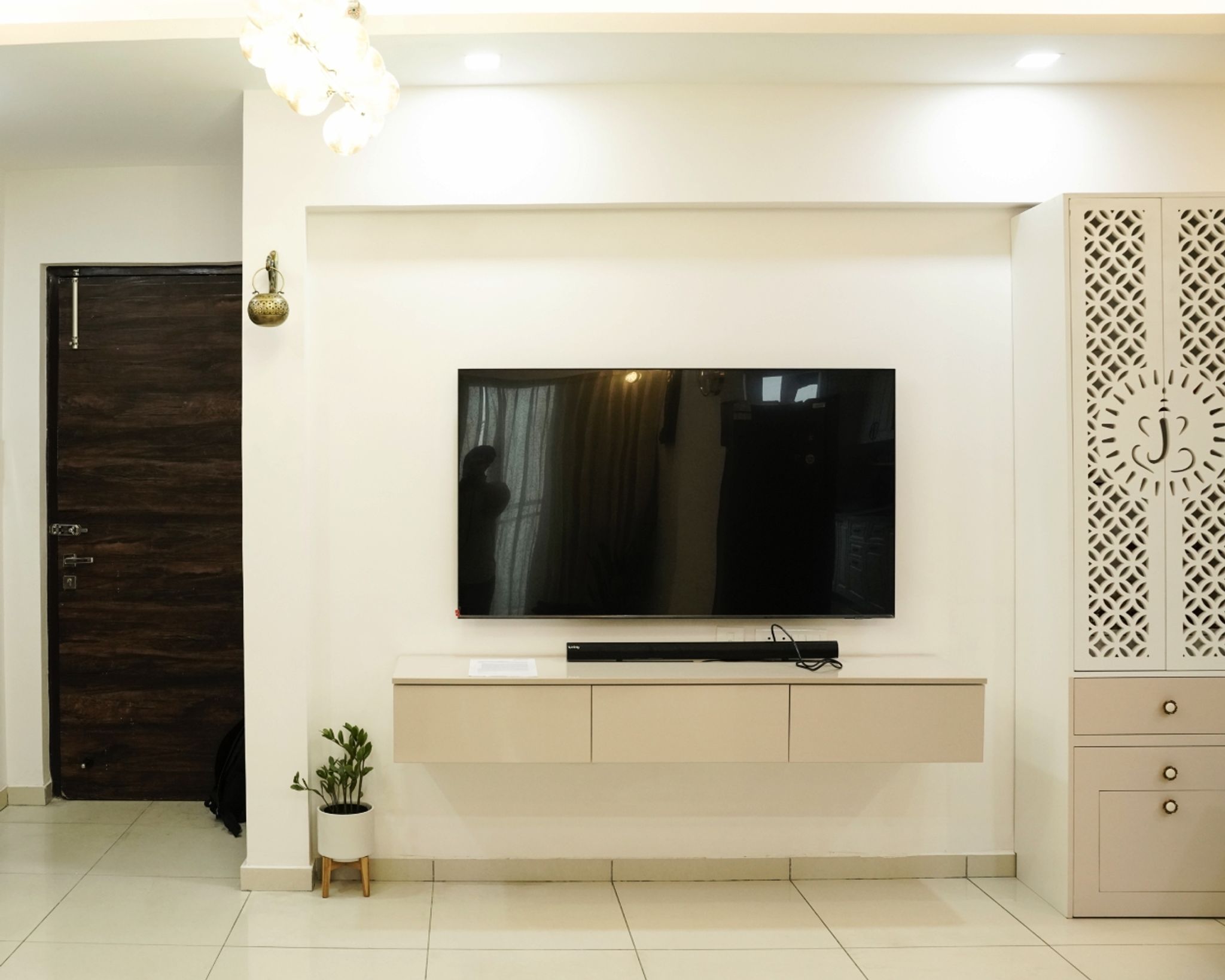 Floating Minimal TV Unit Design In Irish Cream With Concealed Storage ...