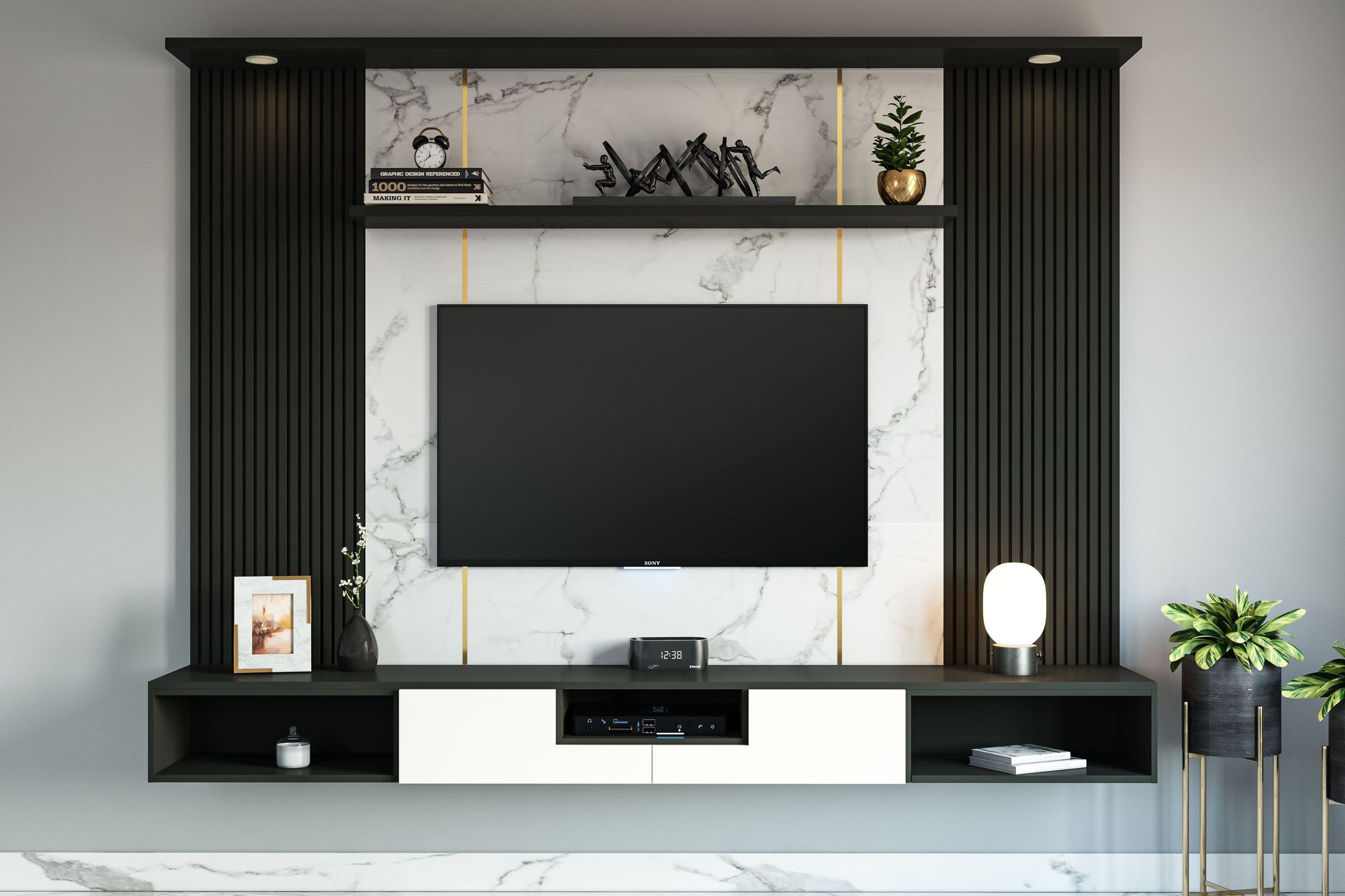 Contemporary TV Unit Design with Lighting, Gold Line Accents and Black ...