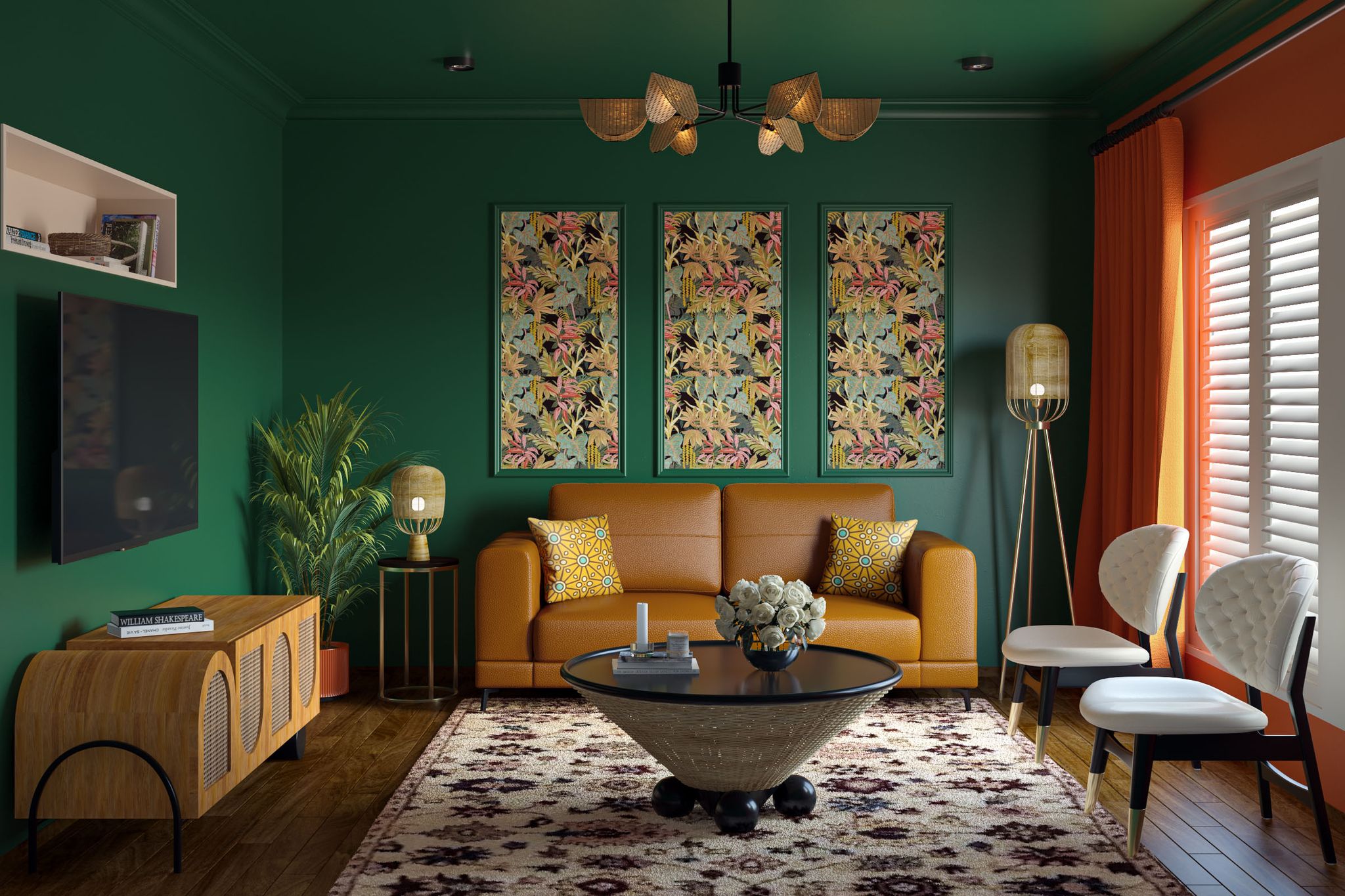 Eclectic Emerald Green Wall Paint Design with Matching Ceiling Design ...