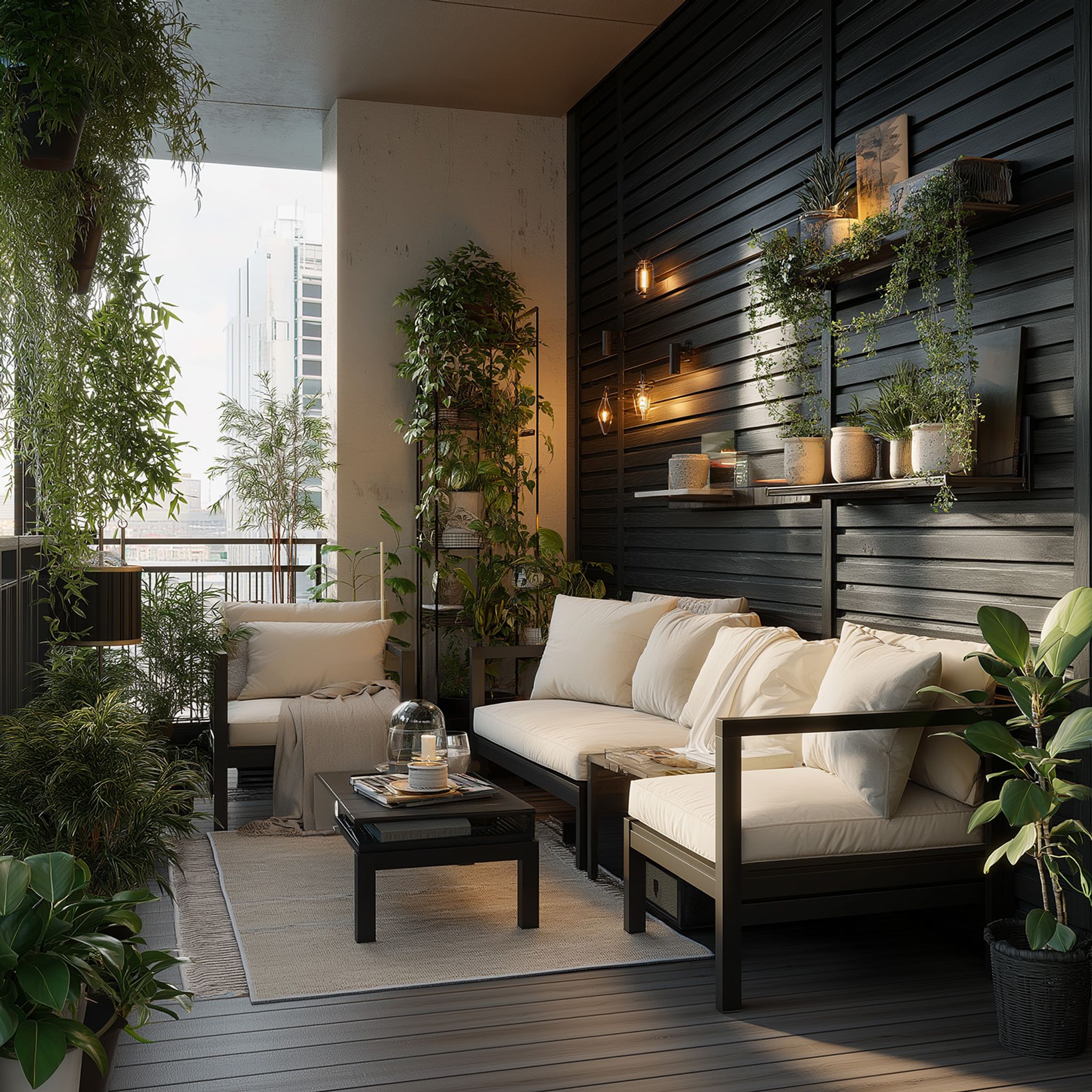 Contemporary Balcony Design With Cishioned Sofas, Black Slatted Wall ...