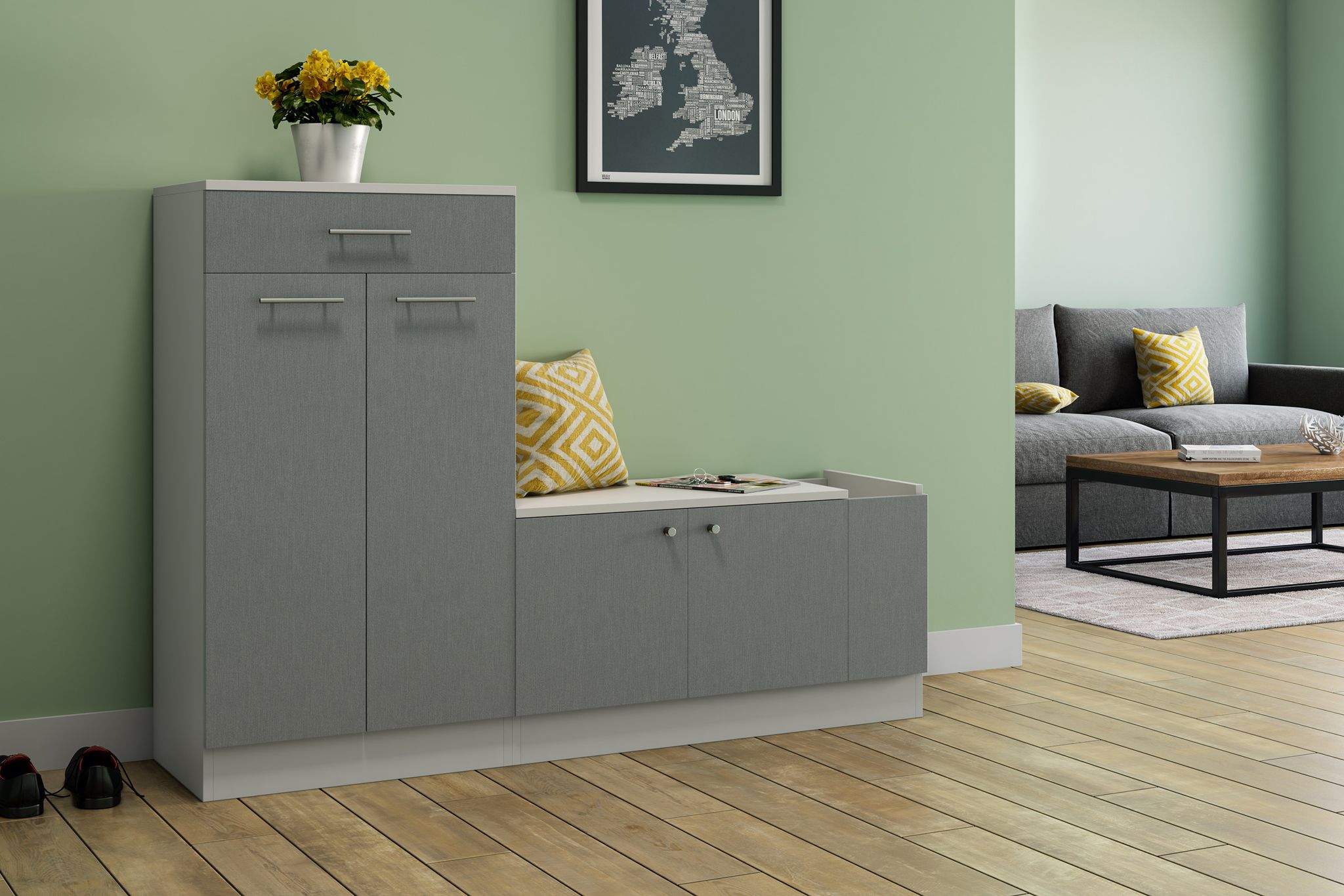 Minimal Foyer Design with Silver Finish, Bench Seating and Tall Cabinet ...