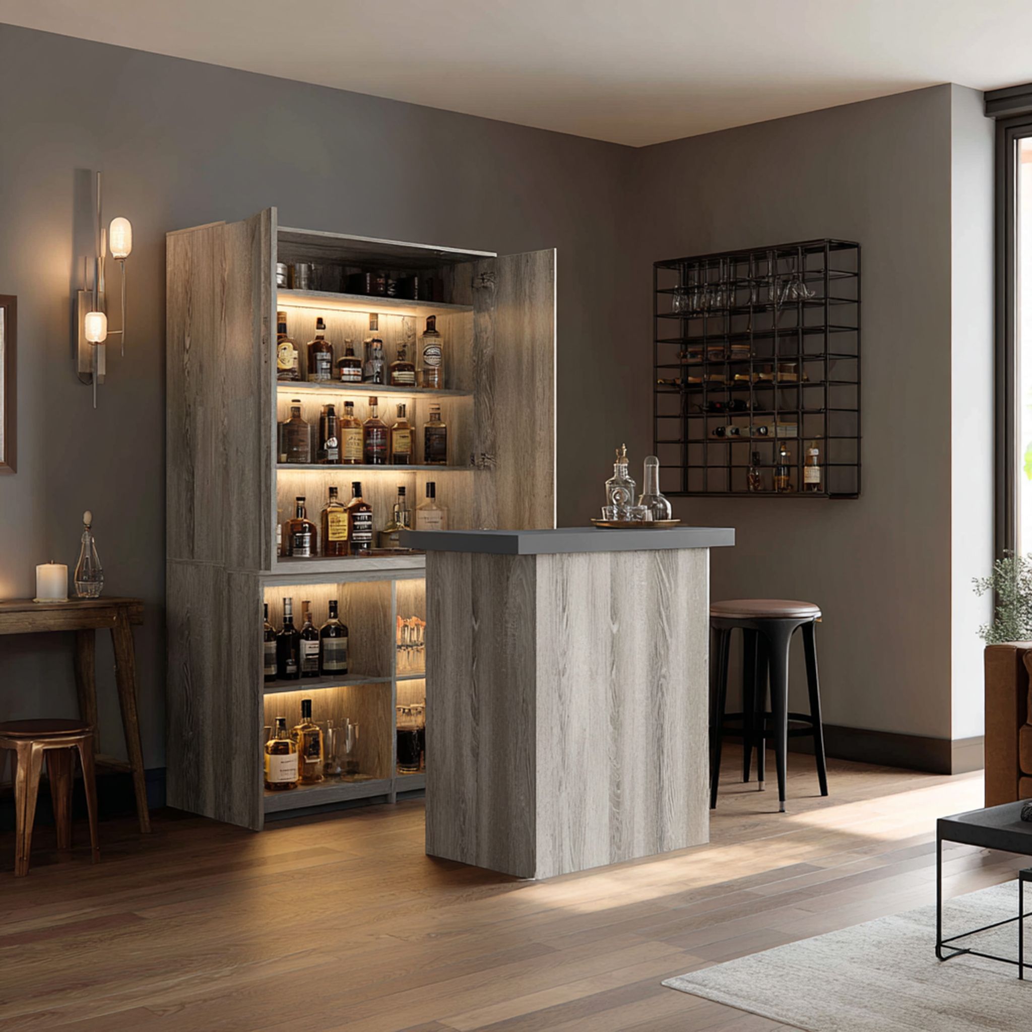 Modern Home Bar Design With Tall Storage and Bar Counter Display | Livspace