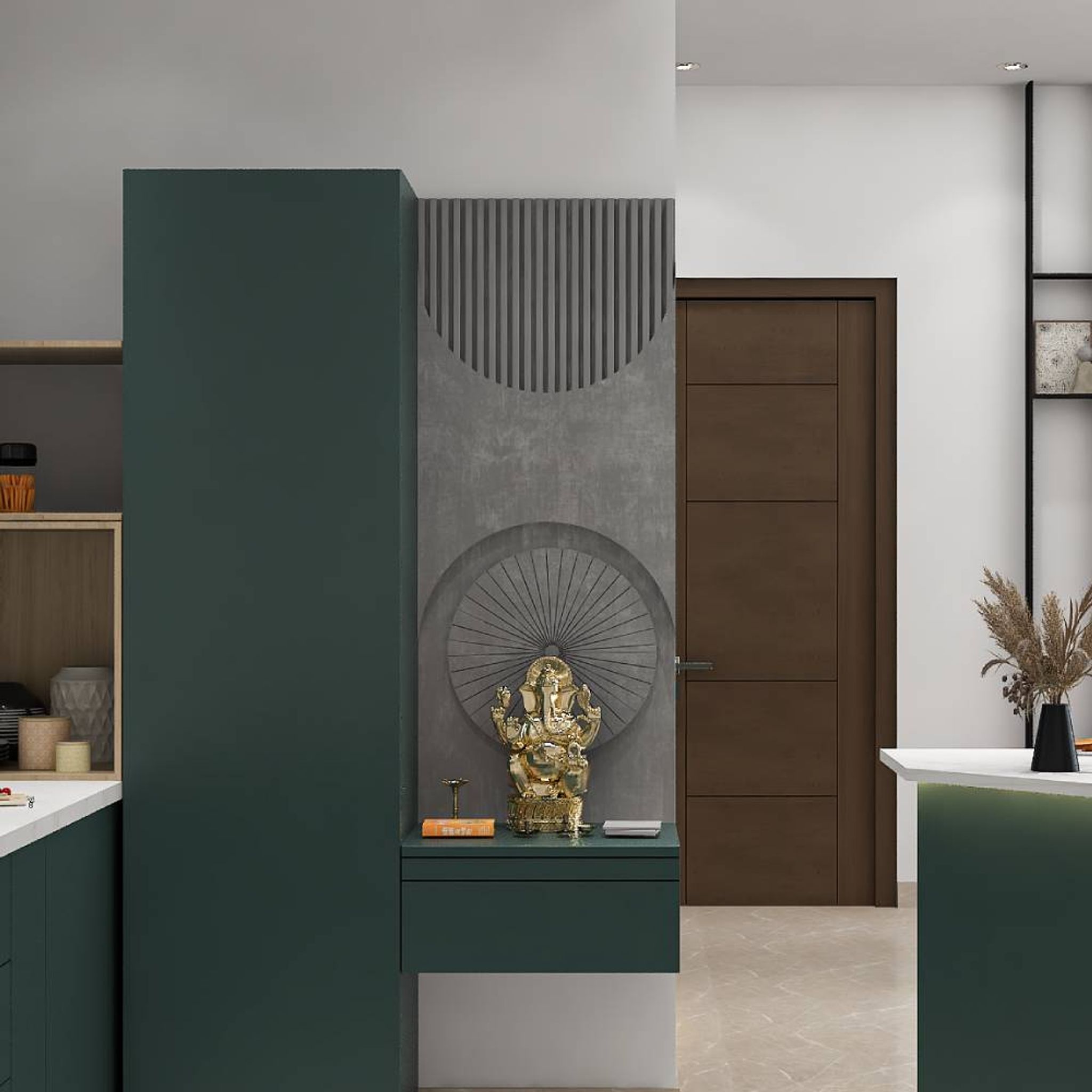 Green Contemporary Wall-Mounted Pooja Design with Textured Backdrop and ...