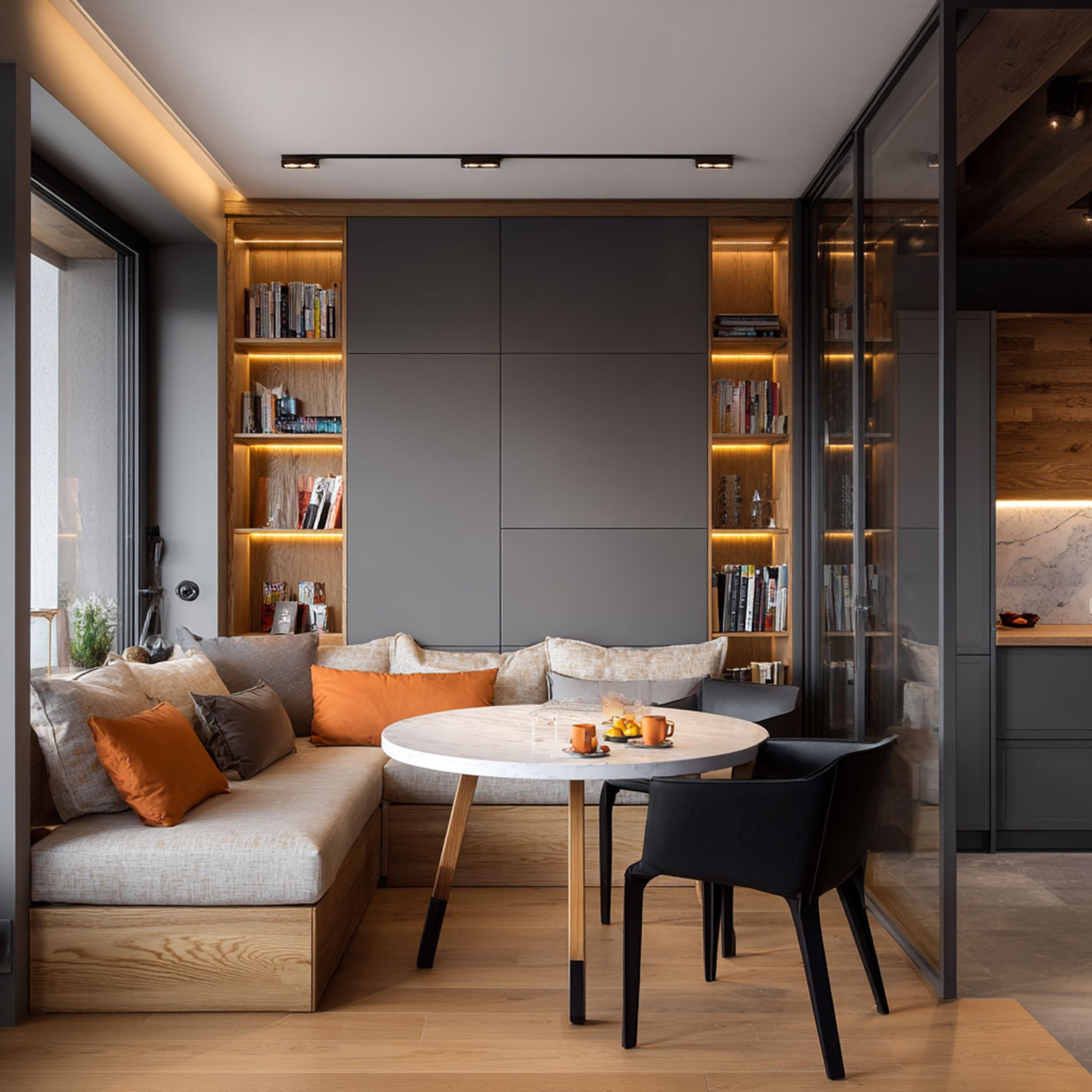 L-Shaped Bench Space Saving Design With Backlit Shelves and Table ...