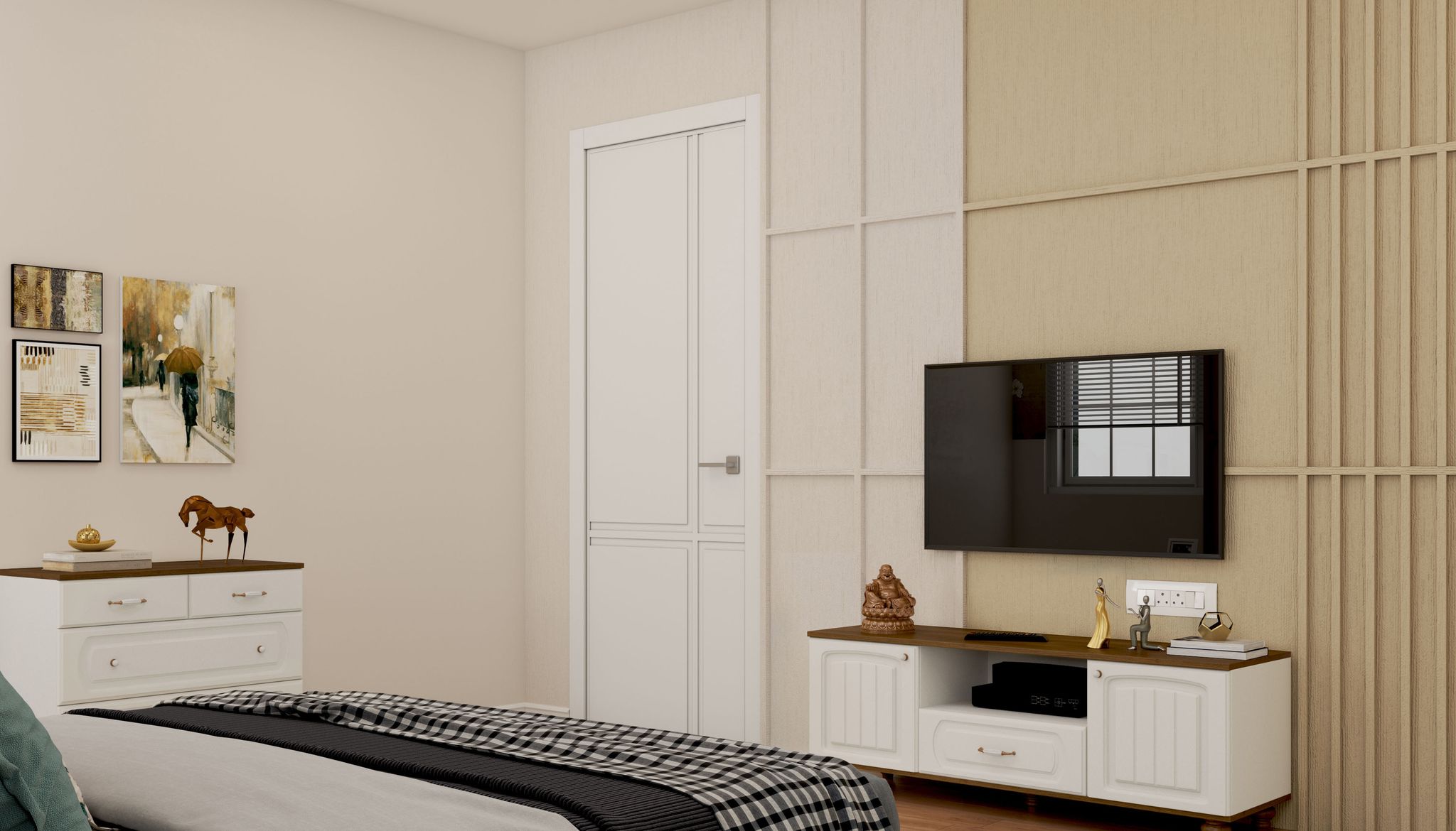 White and Walnut Brown Classic TV Unit Design with Symmetrical ...