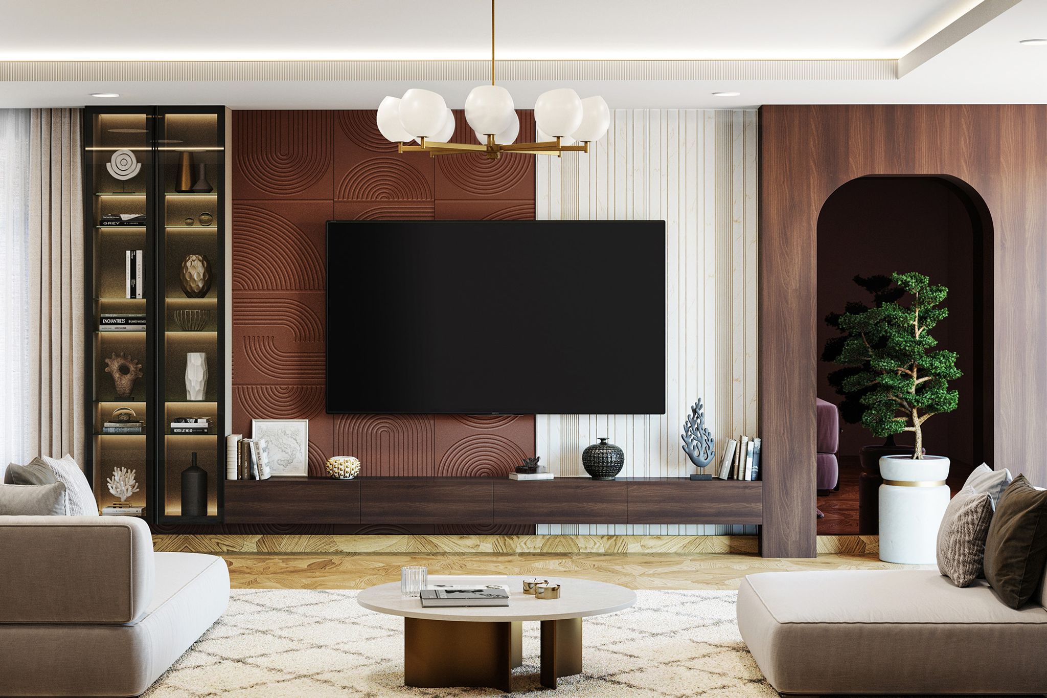 Canadian Walnut Contemporary TV Unit Design With Marble-Inspired Accent ...