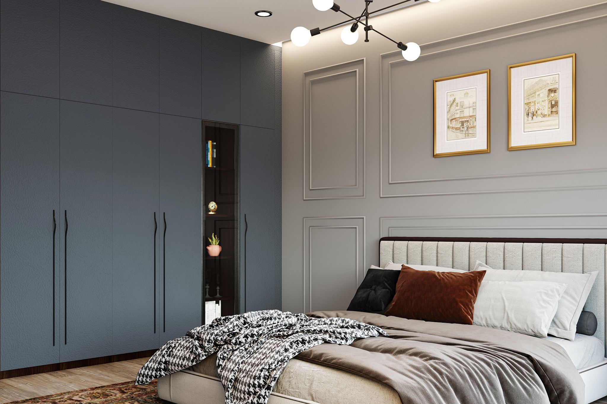 Contemporary Navy Blue 6-Door Swing Wardrobe Design with Glass and ...