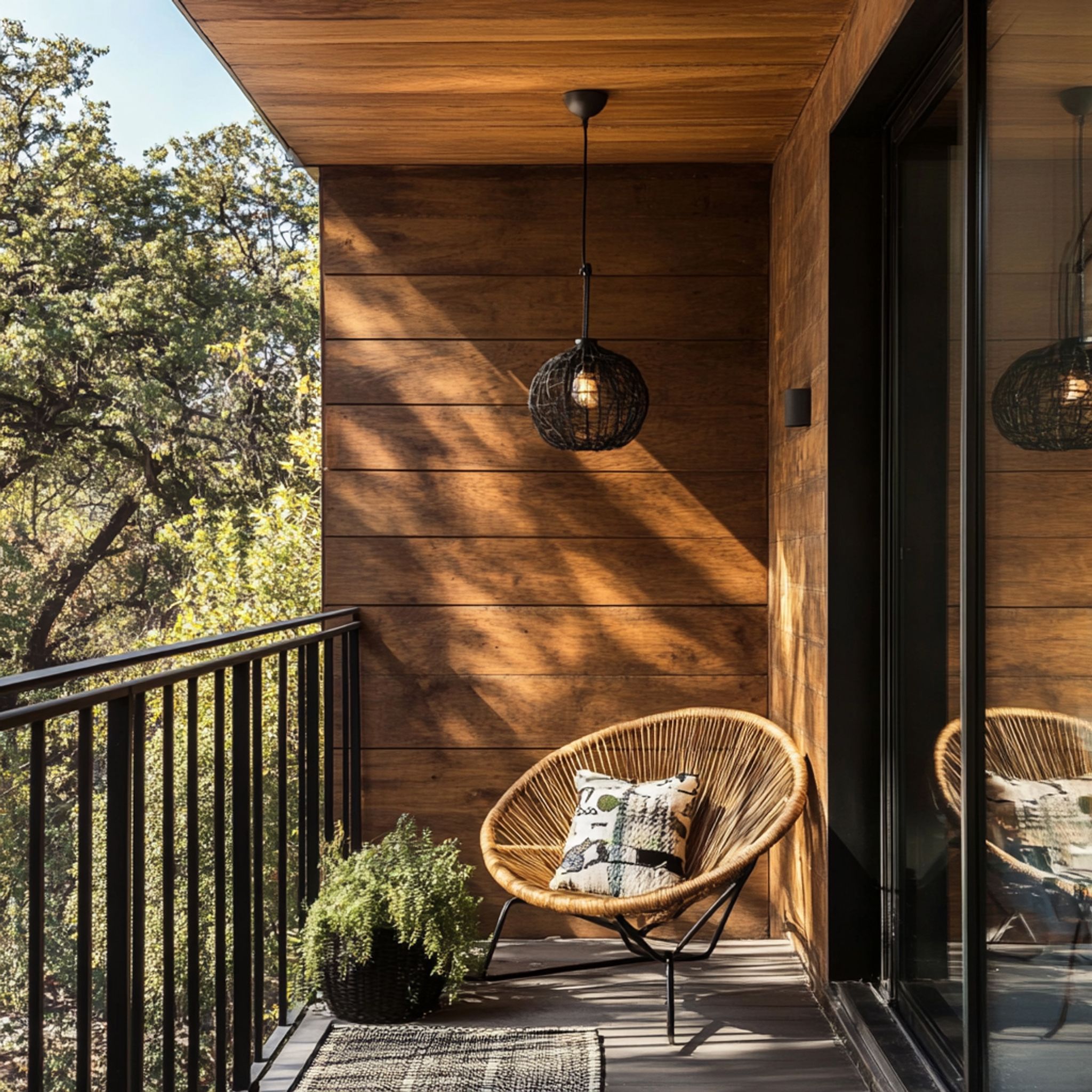 Balcony Design with Industrial Style Wooden Wall, Wicker Chair, and ...