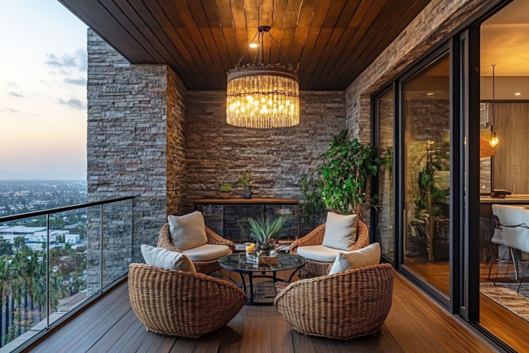 Rustic Balcony Design with Stone Cladding, Chandelier and Wooden ...