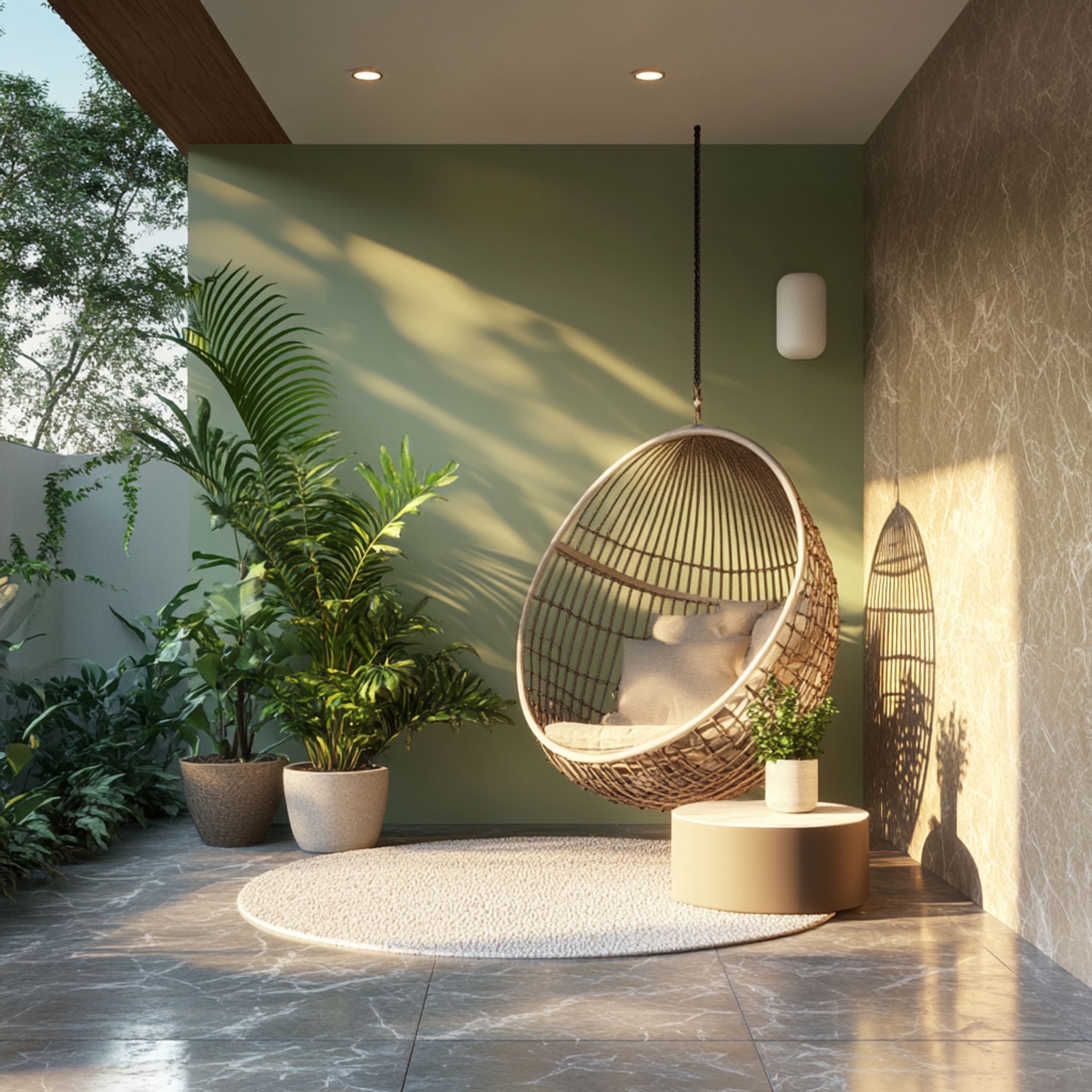 Balcony Design with Tropical Light Green Walls, Grey Tiles, Stone ...