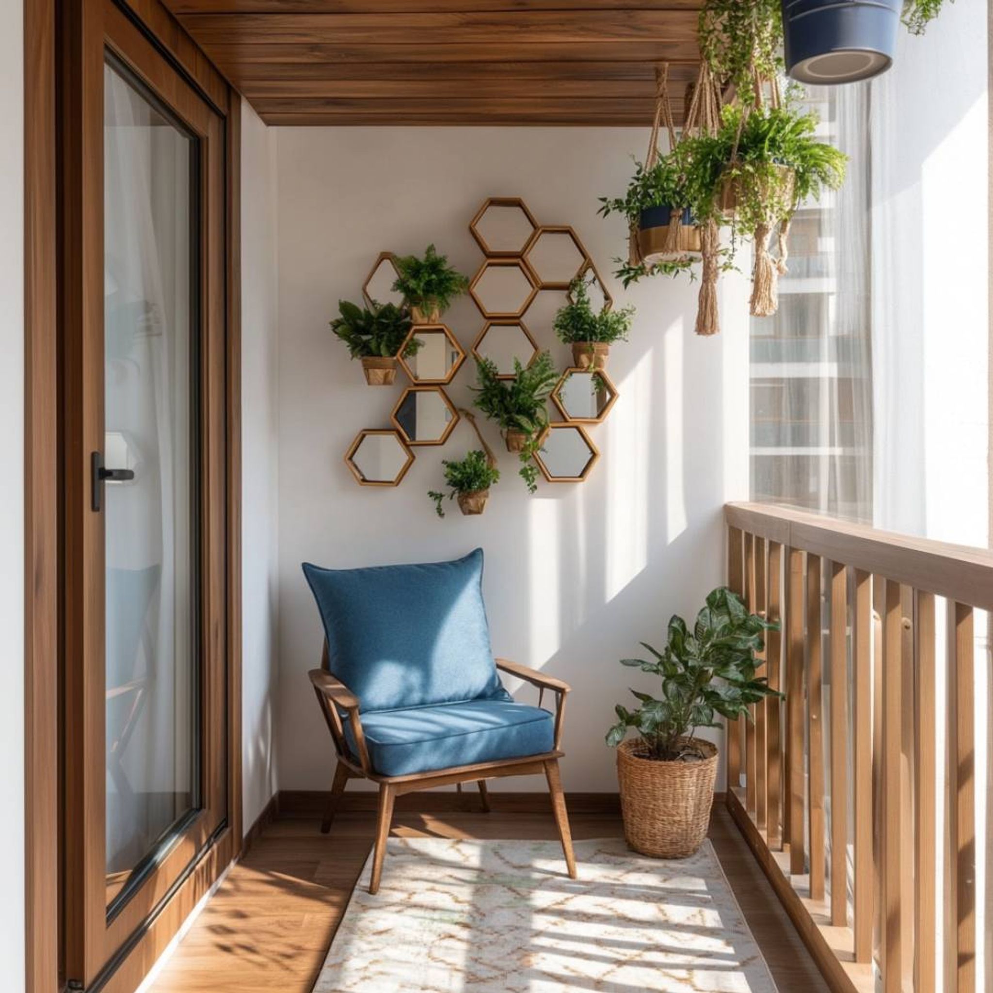 Balcony Design in Modern Style Featuring Trendy Wooden Hexagonal Wall ...