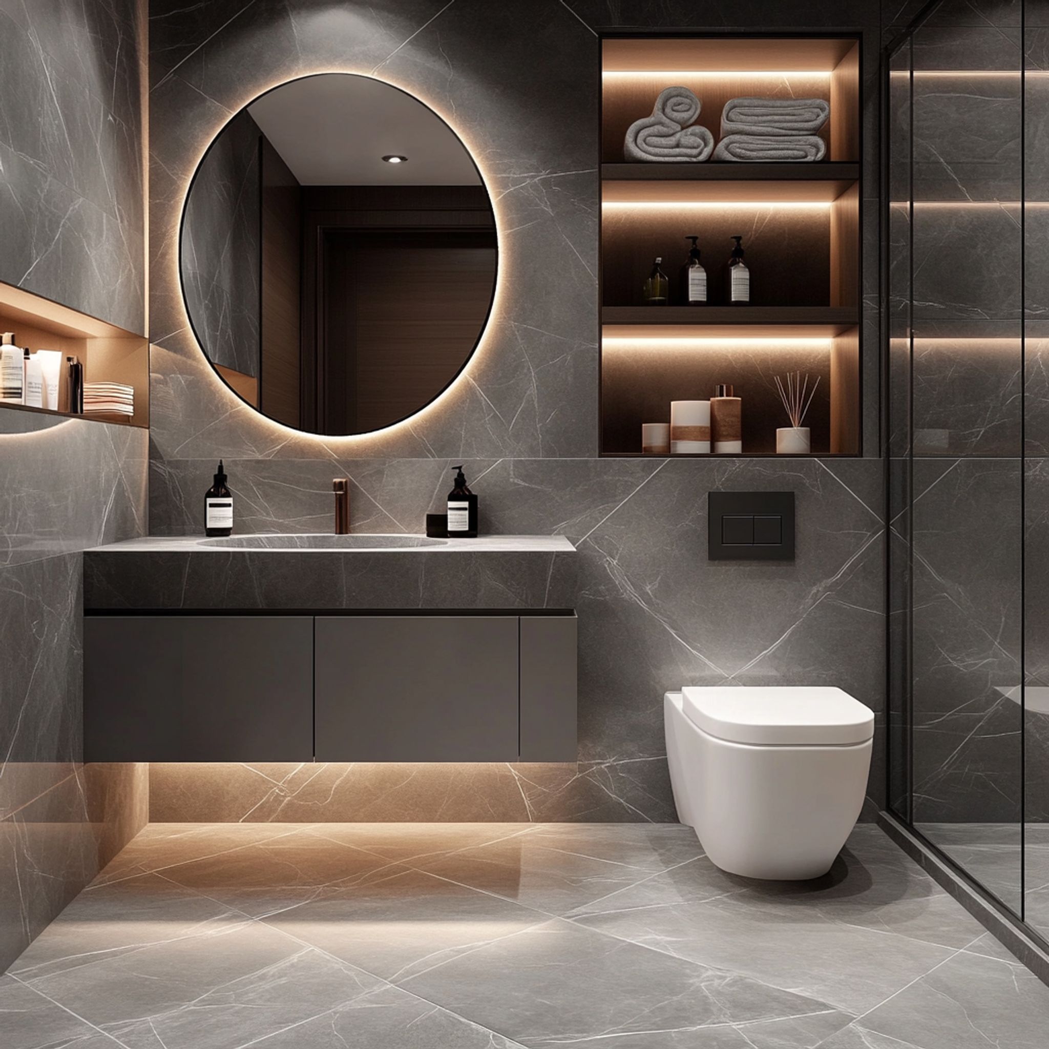 Bathroom Design with Modern Integrated Niche Shelves and Under-Vanity ...