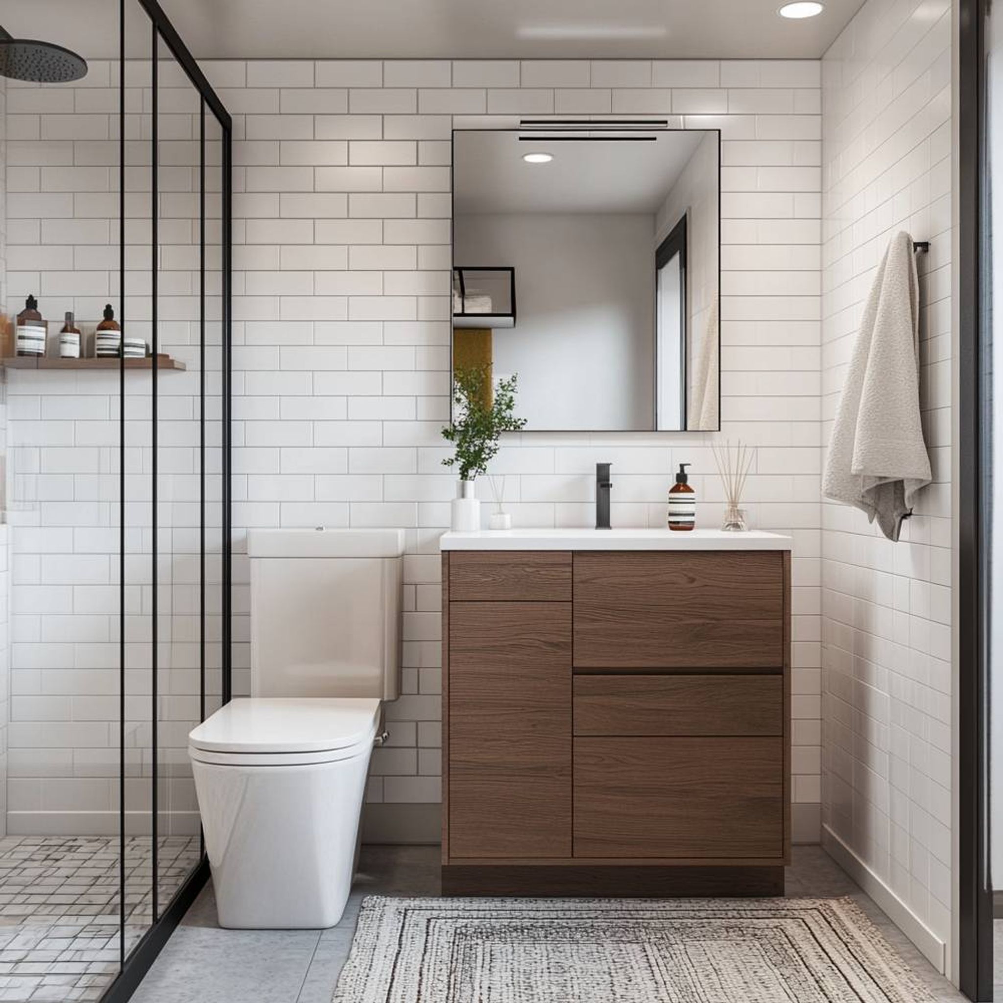 Bathroom Design with Modern Rectangle Mirror, White Tiles, and Sleek ...