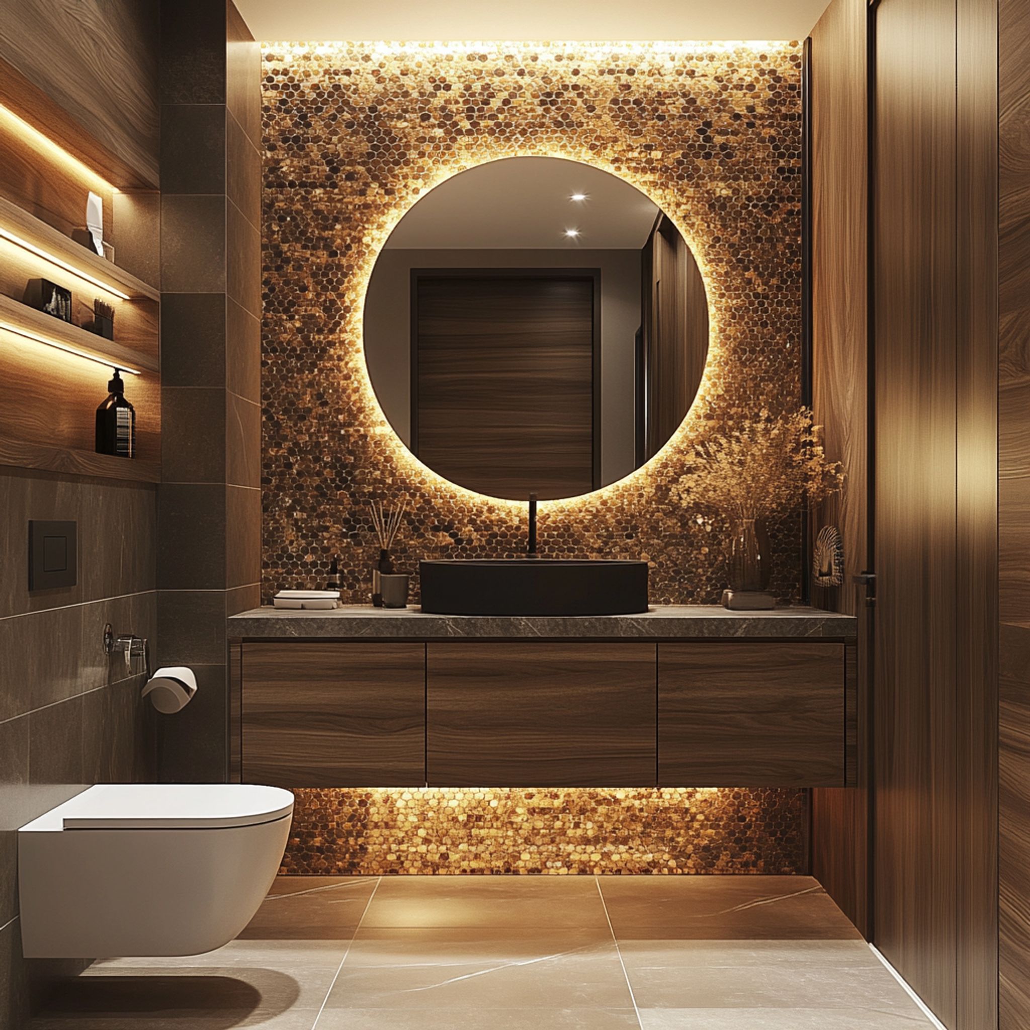 Contemporary Bathroom Design with Mosaic Tiles, Marble Vanity and ...