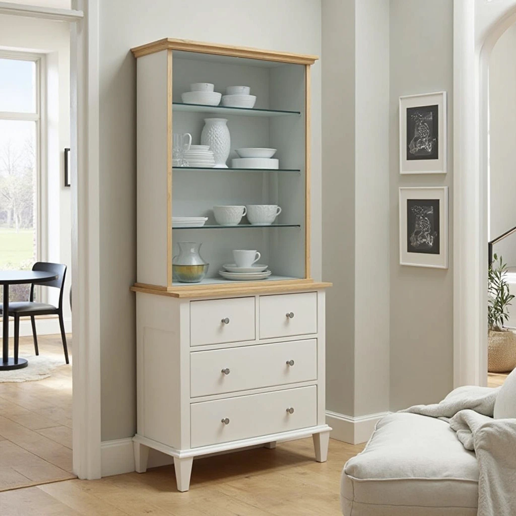 Off-White Farmhouse Crockery Unit Design with Drawers and Open Shelves ...