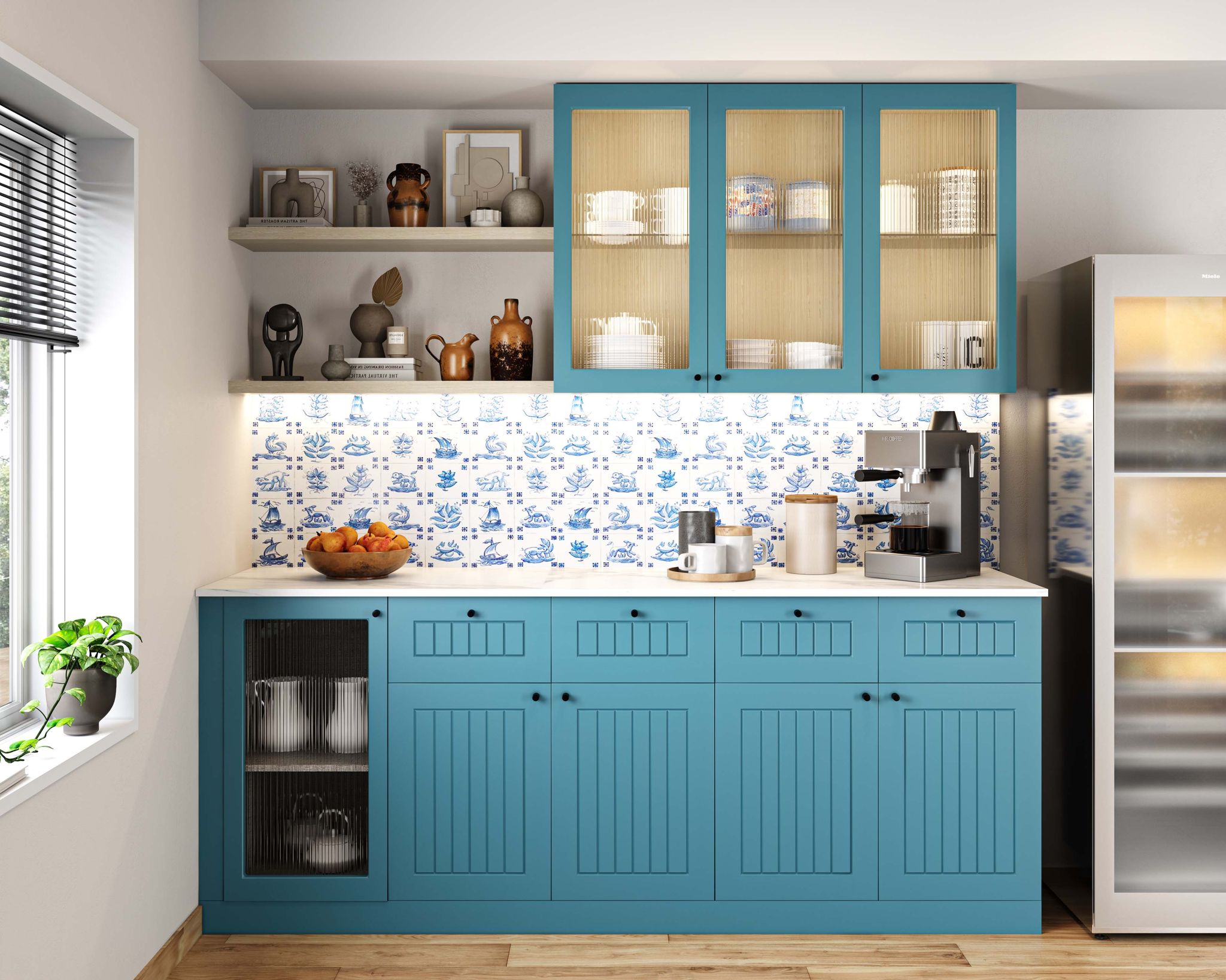 "Blue Crockery Unit Design with Classic Glass Display, Transparent ...