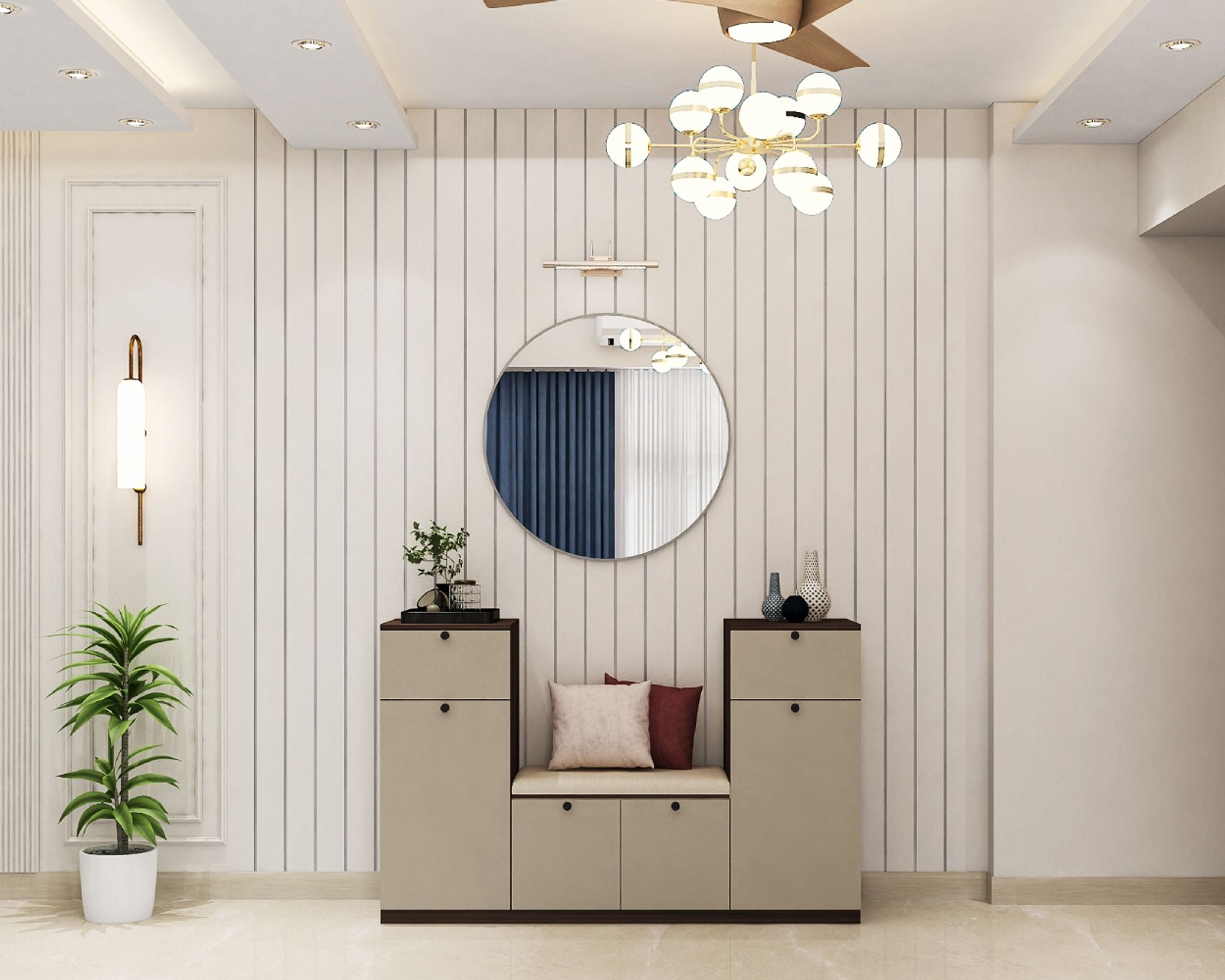 Foyer Design Featuring Modern Pumic Grey and Walnut Bronze Tones | Livspace