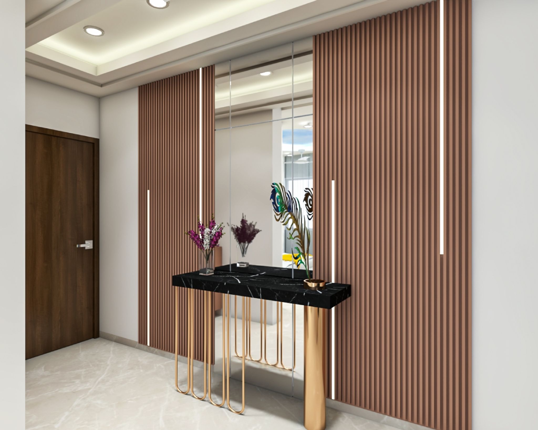 Foyer Design with Contemporary Storage Featuring Marble Top and Metal ...