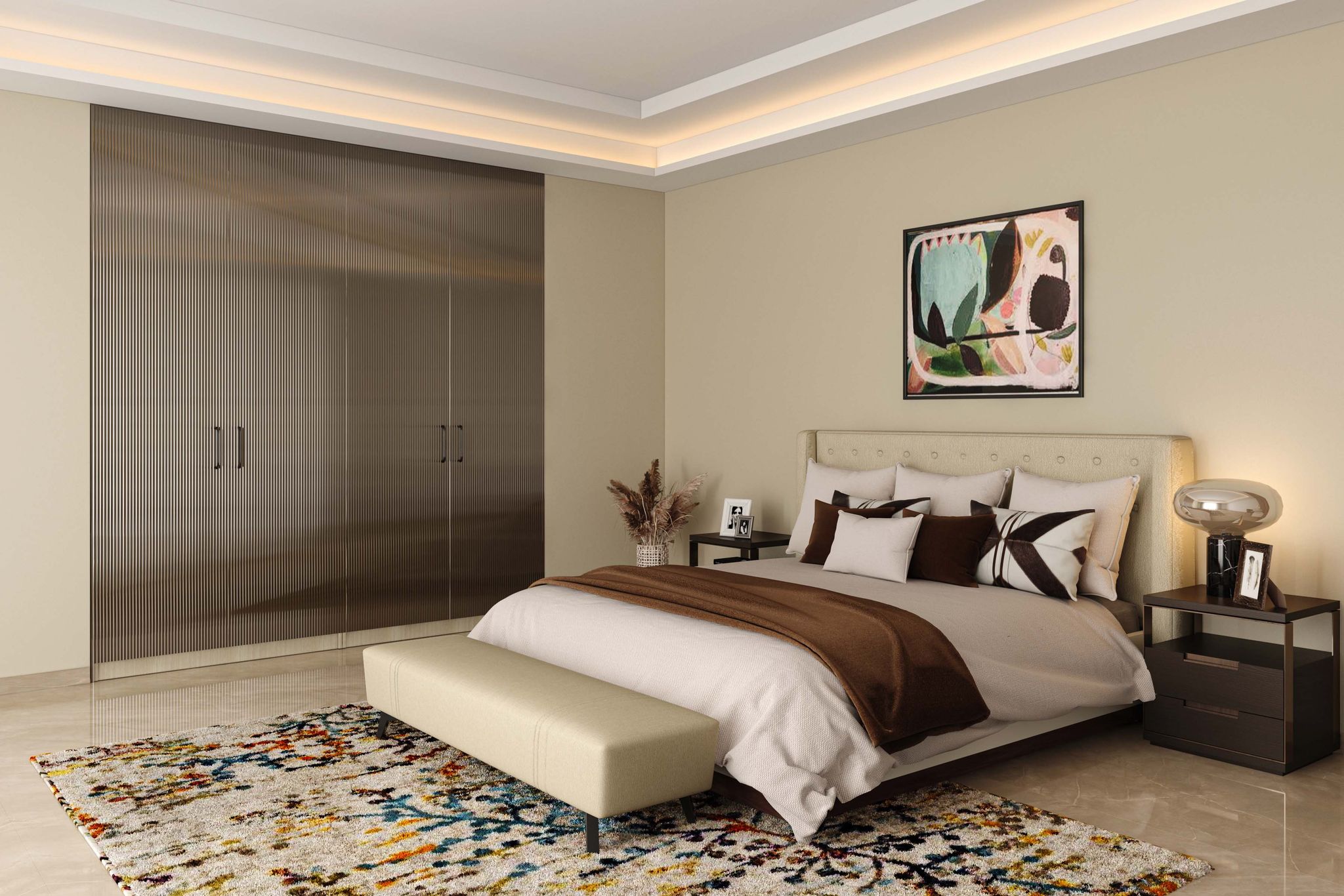Guest Bedroom Design with Modern Upholstered Bed, Metallic Wardrobe and ...