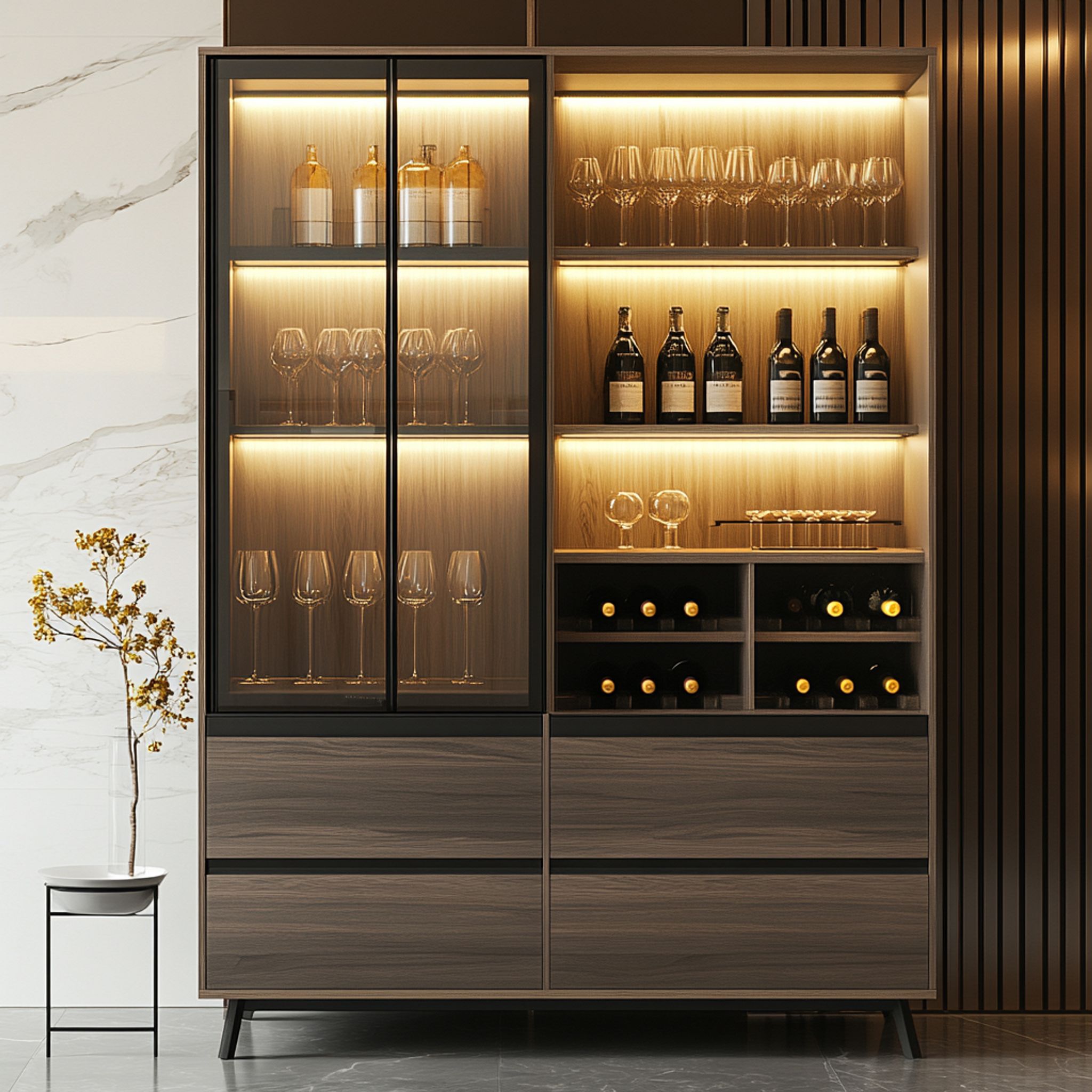 Home Bar Design with Contemporary Glass Door Shelves and Wine Storage ...
