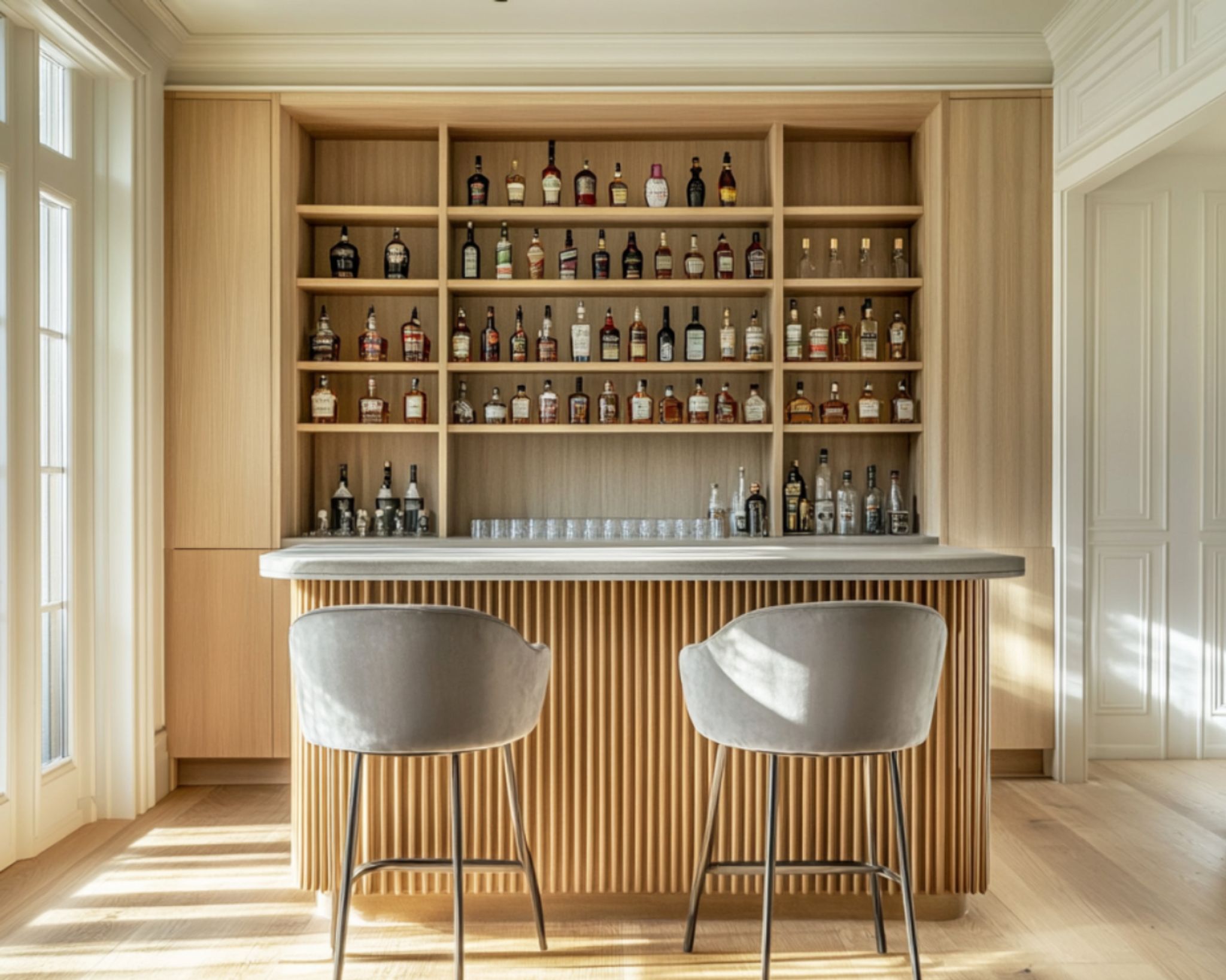 Home Bar Design with Contemporary Display Shelves, Open Shelving and ...
