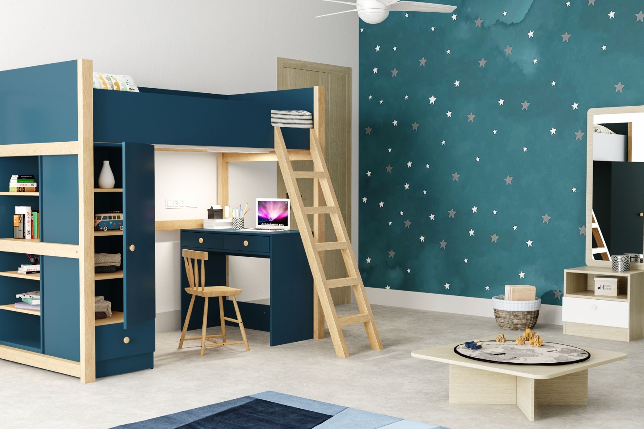 Kids Bedroom Design with Space-Saving Storage, Study Area, and Playful ...