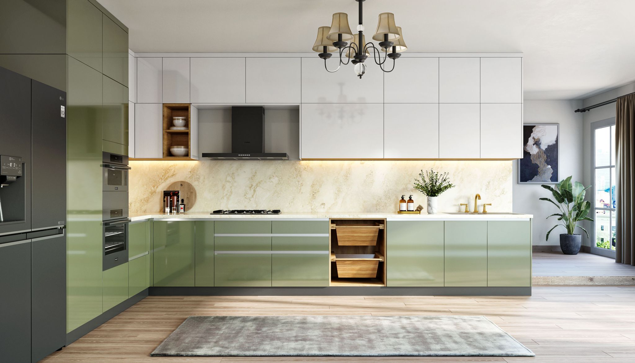 Contemporary Green and White L-Shaped Kitchen Design with High Gloss ...