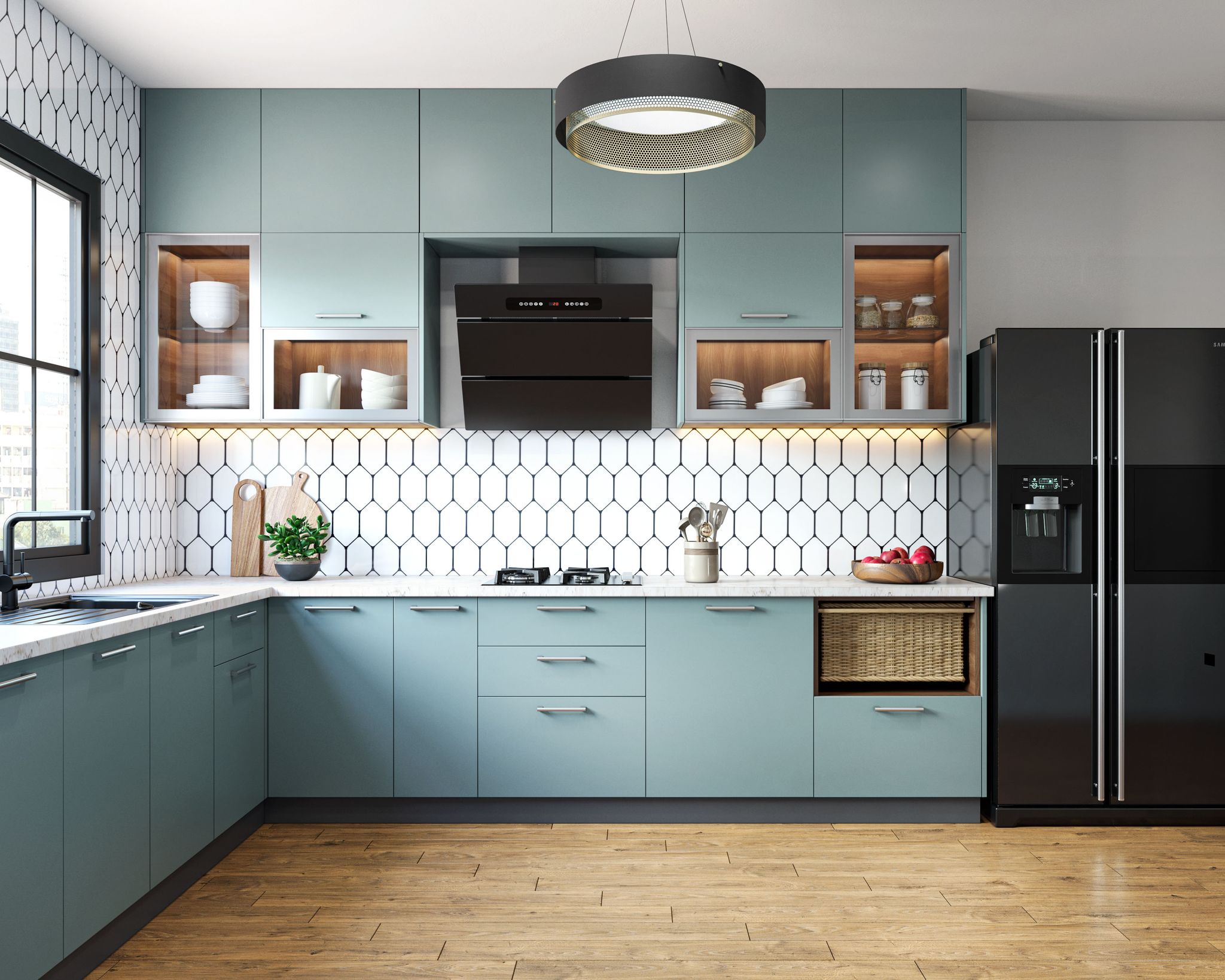 Pista Green Modern L-Shaped Kitchen Design with Suede Cabinets and ...