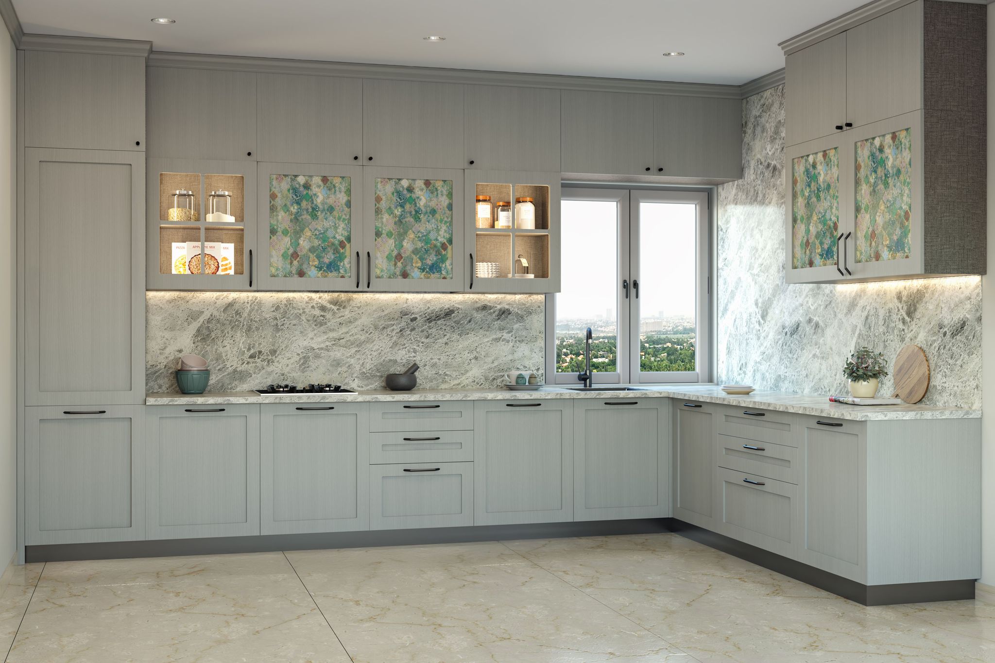 L-Shaped Modern Kitchen Design with Quartz Countertops and Textured Cabinetry | Livspace