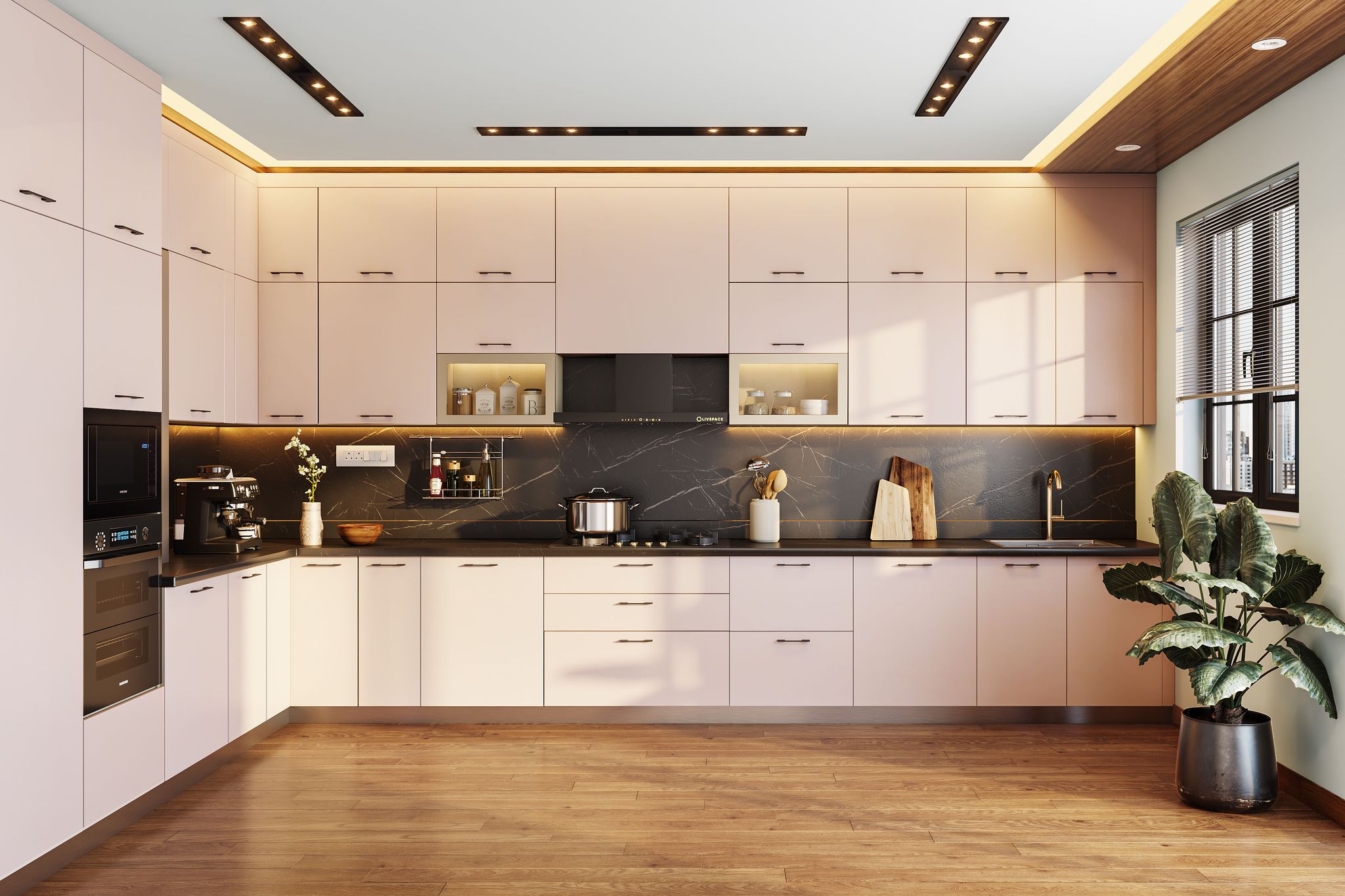 L-Shaped Modern Kitchen Design with Granite Countertop and Light Pink ...