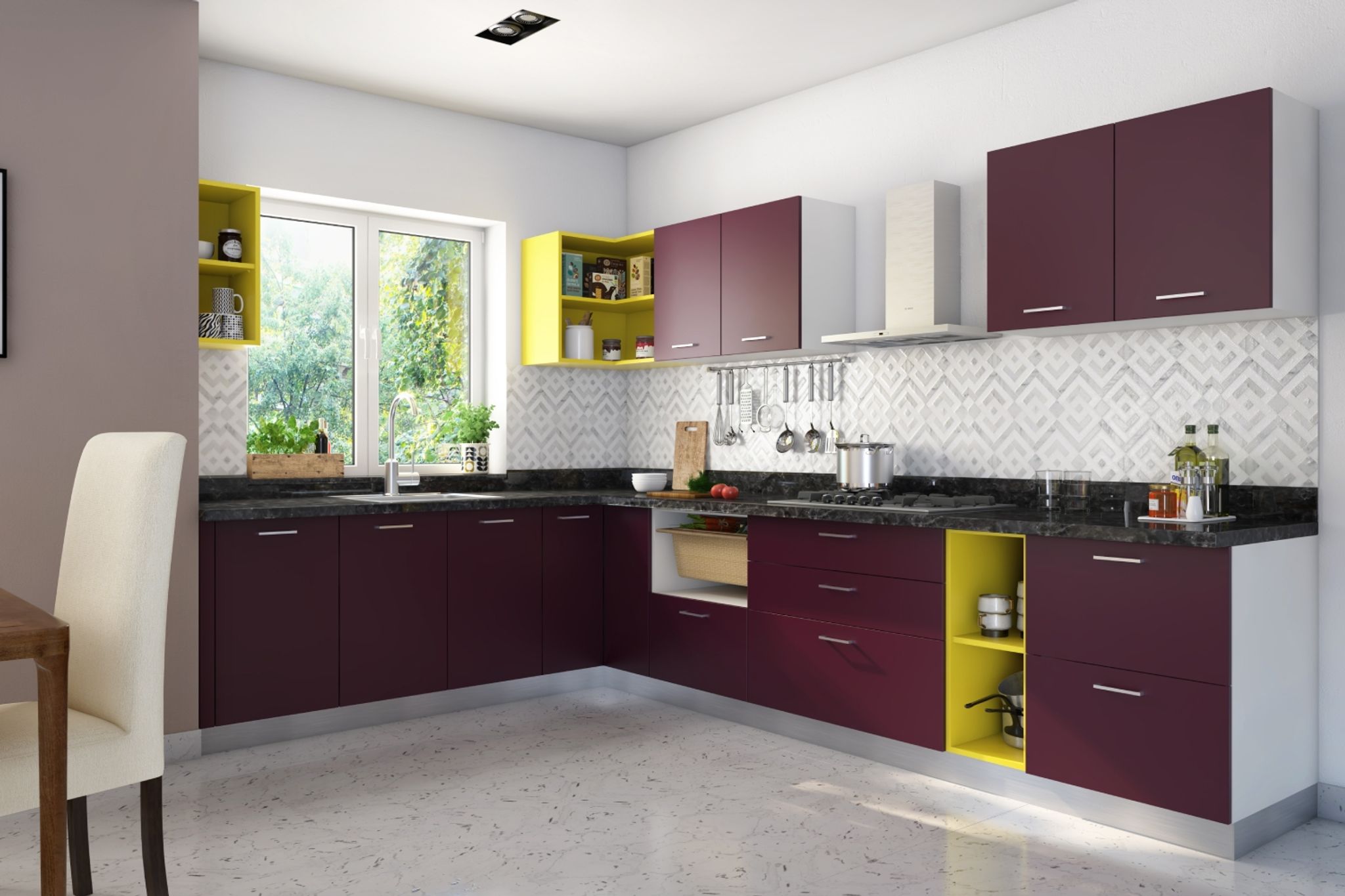 L-Shaped Contemporary Kitchen Design in Berry and Marigold Suede ...