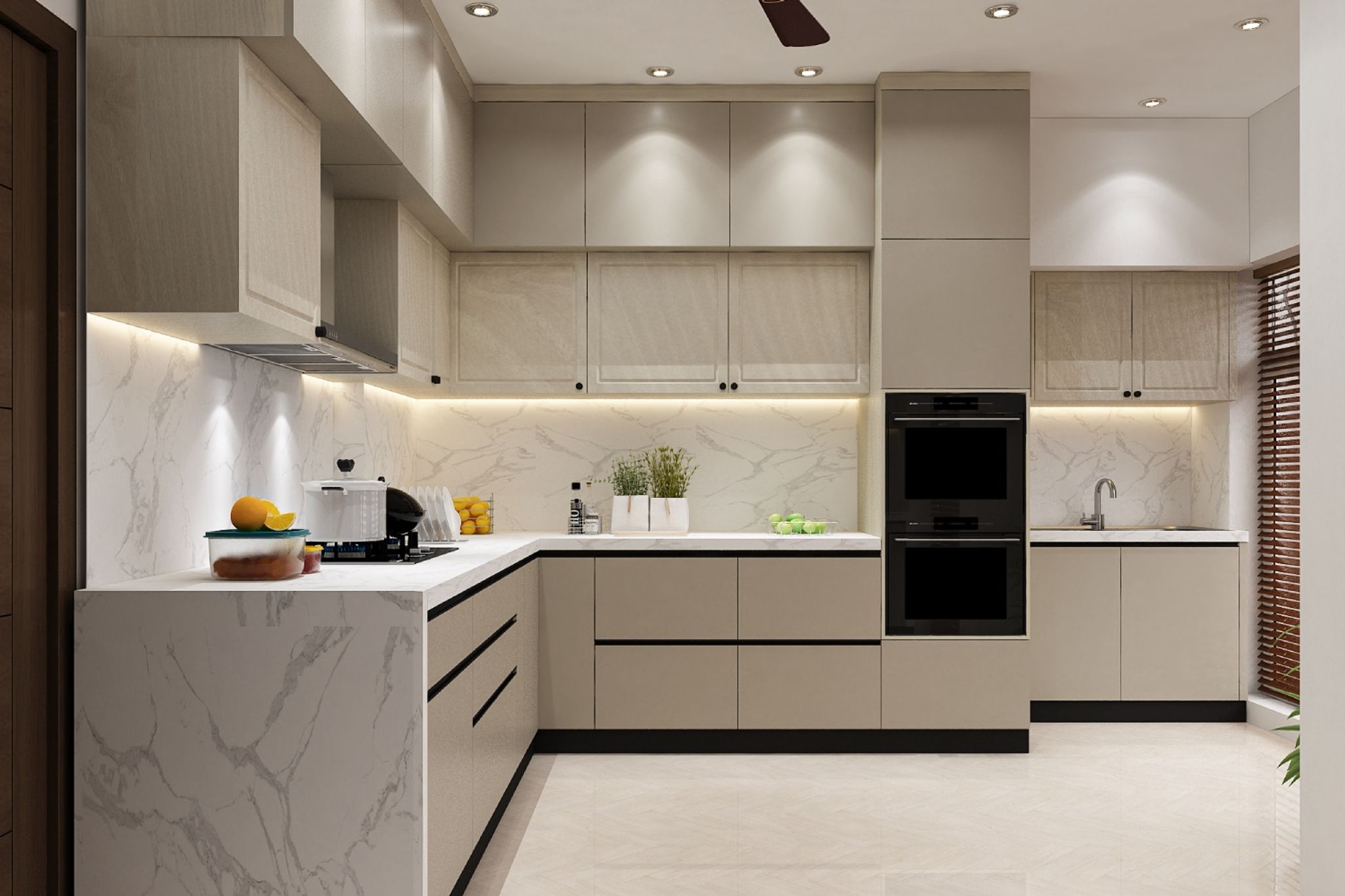 L-Shaped Modern Kitchen Design with LED Lighting, Suede Finish and Marble Countertop | Livspace