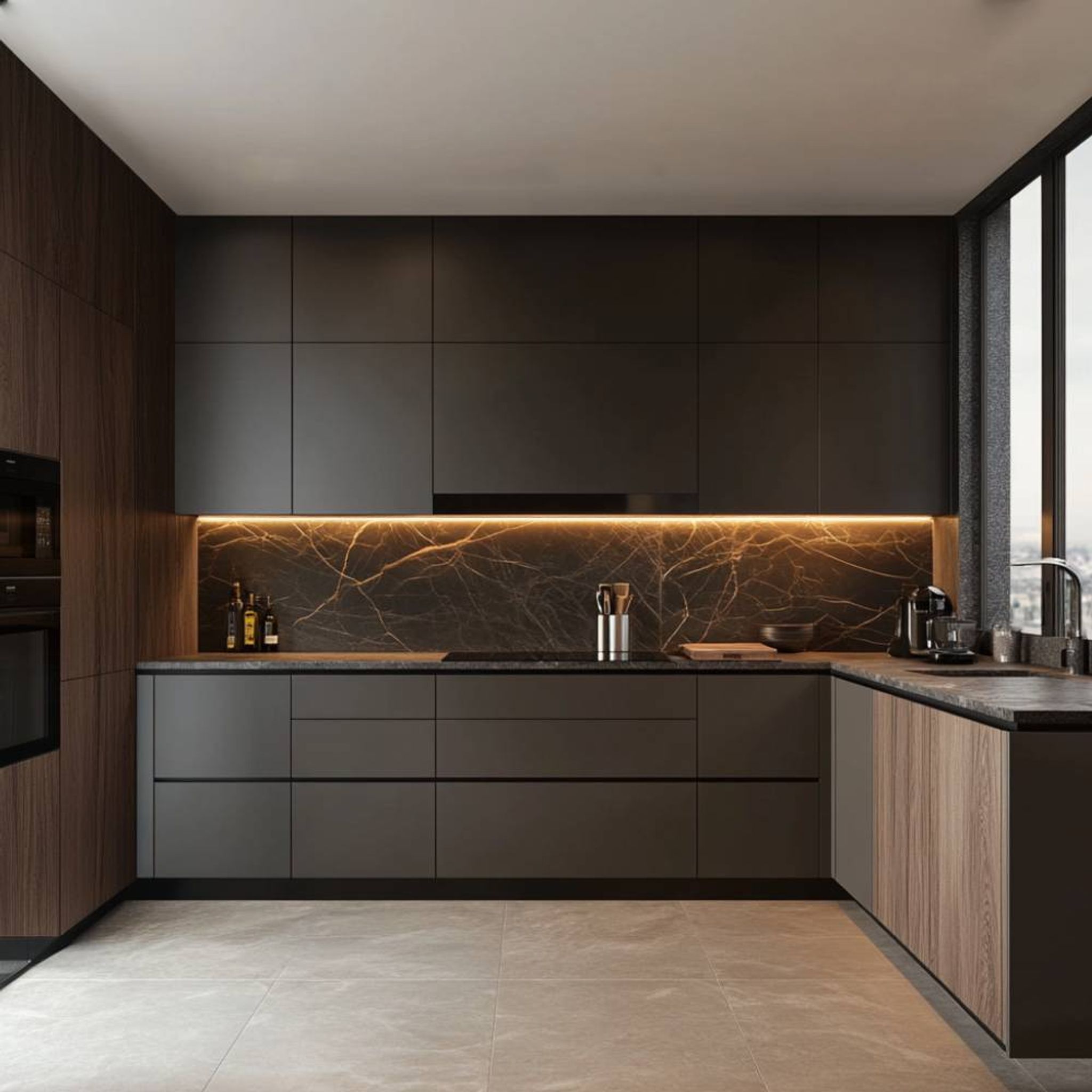 L-Shaped Contemporary Kitchen Design with Jet Black Granite and Warm ...
