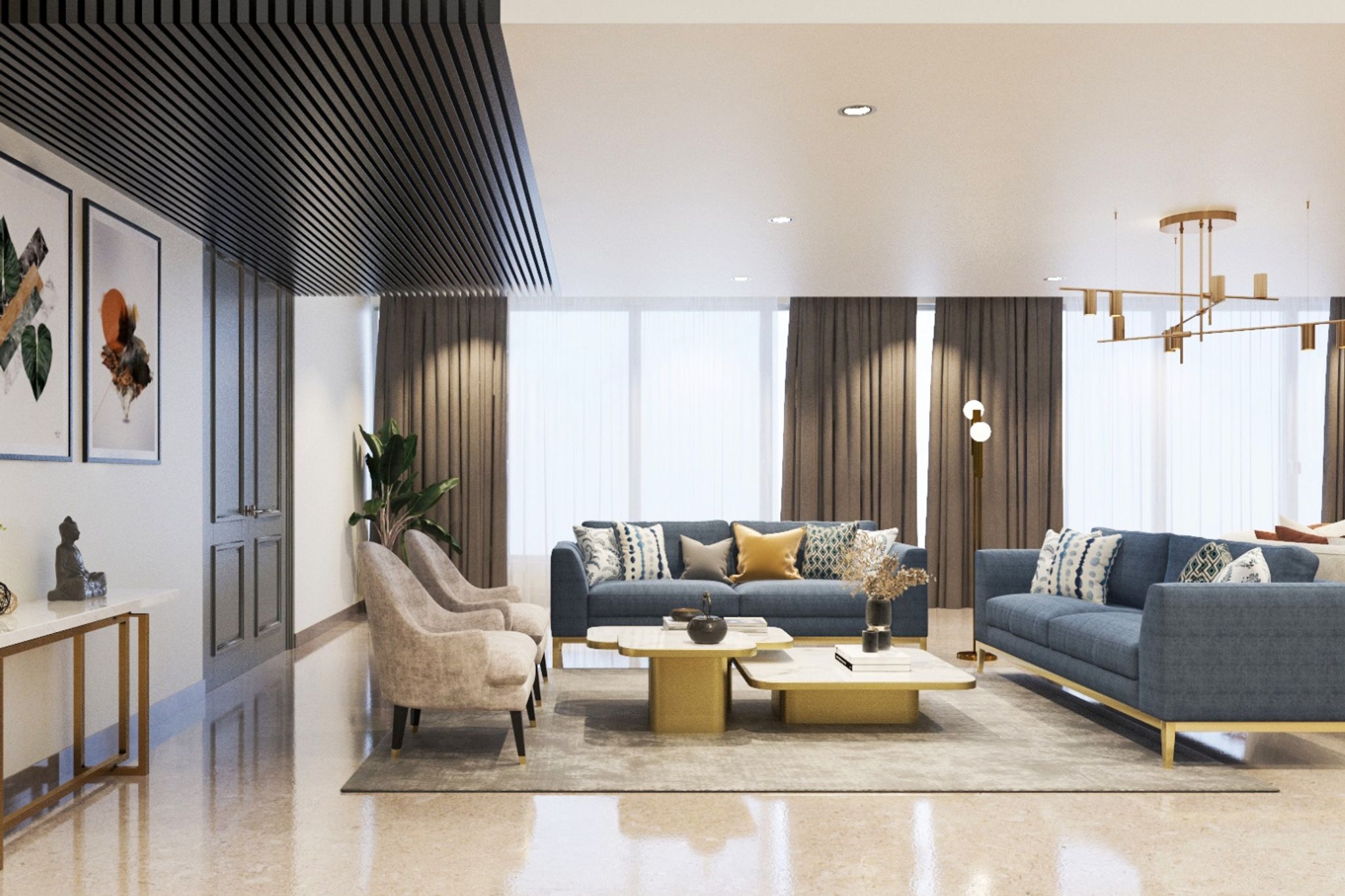 Living Room Design with Modern Comfortable Sofas, Coffee Tables, and ...