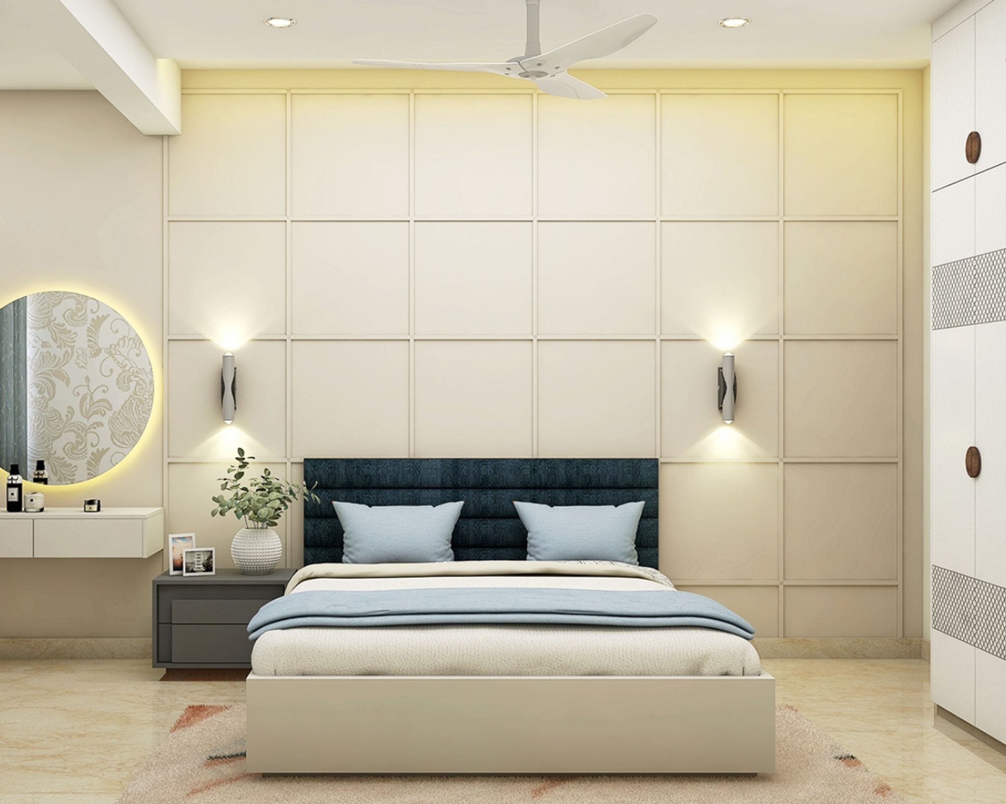 Master Bedroom Design with Contemporary Blue Headboard and Structured ...