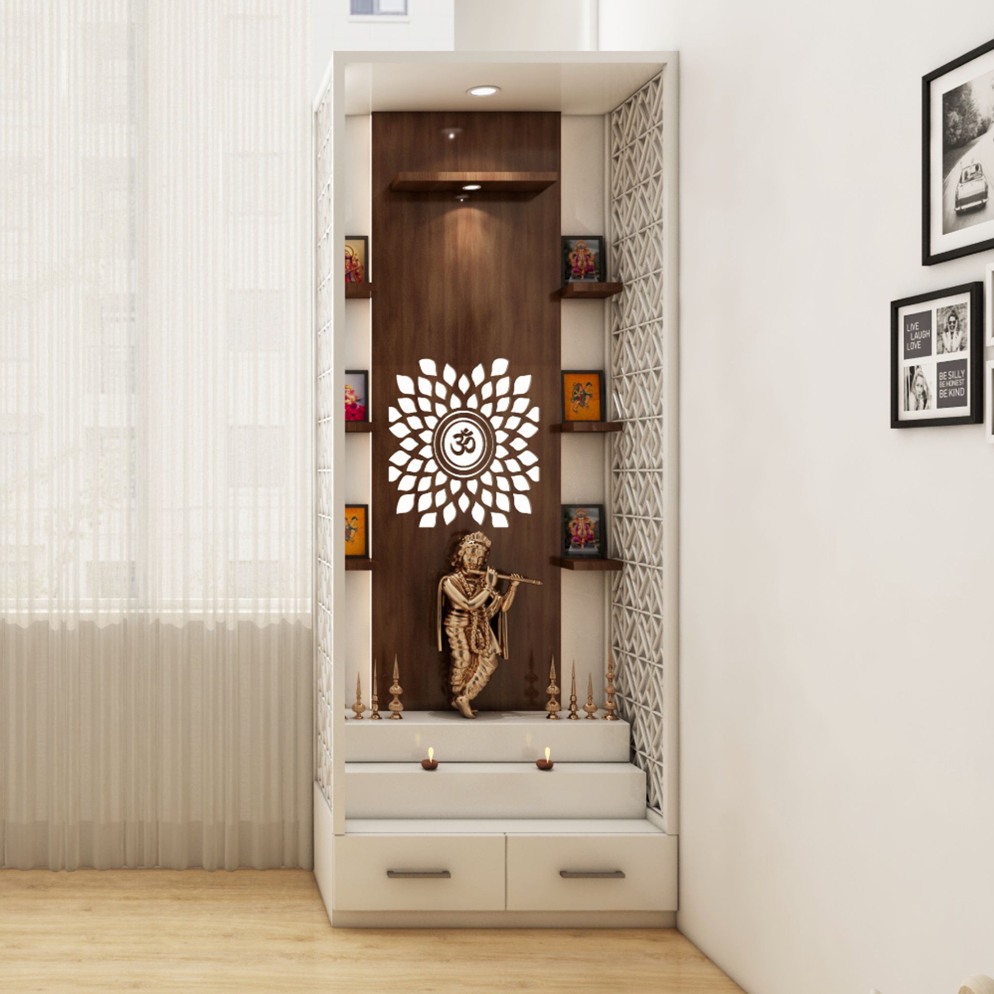 Pooja Unit Design with Modern Geometric Cutout, Warm Lighting and ...