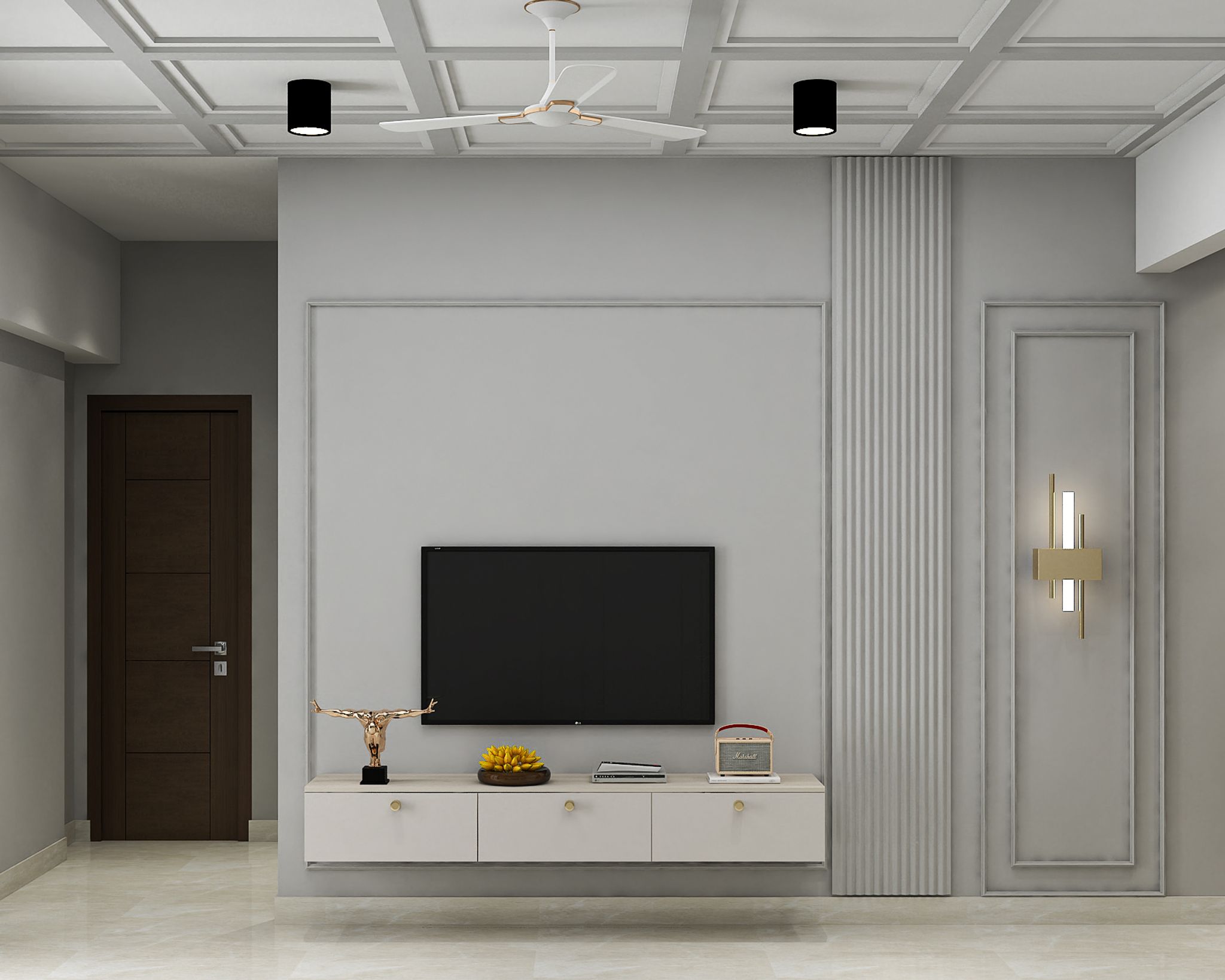 Wall-Mounted White and Accia Minimal TV Unit Design with Floating ...