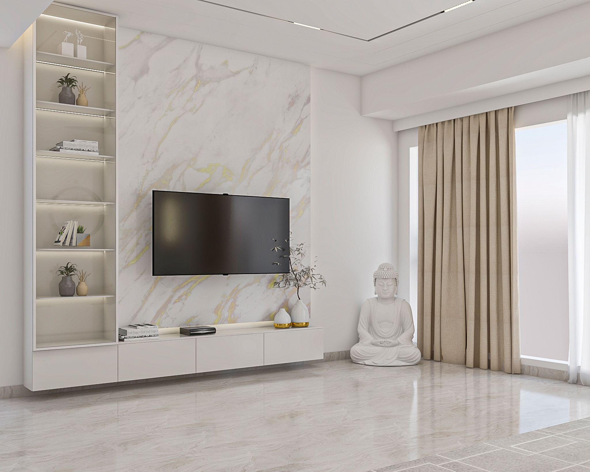 Wall-Mounted Modern TV Unit Design with Open Shelving and LED Lighting ...