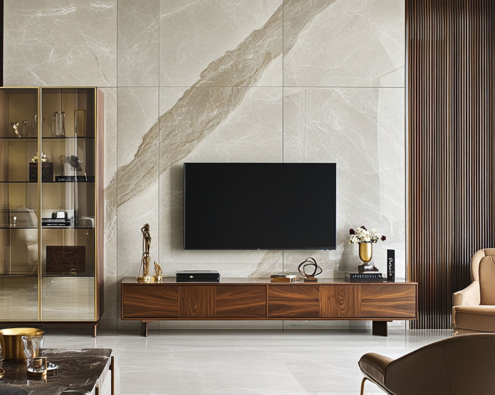 Modern Walnut Bronze TV Unit Design with Floating Design and Suede ...