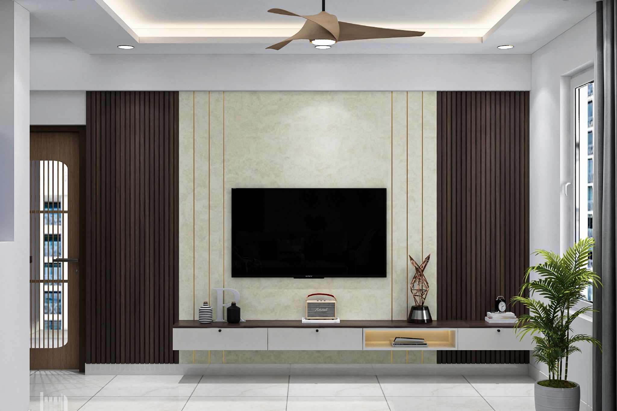 TV Unit Design in Mid-Century Modern Smoke Grey and Canadian Walnut ...